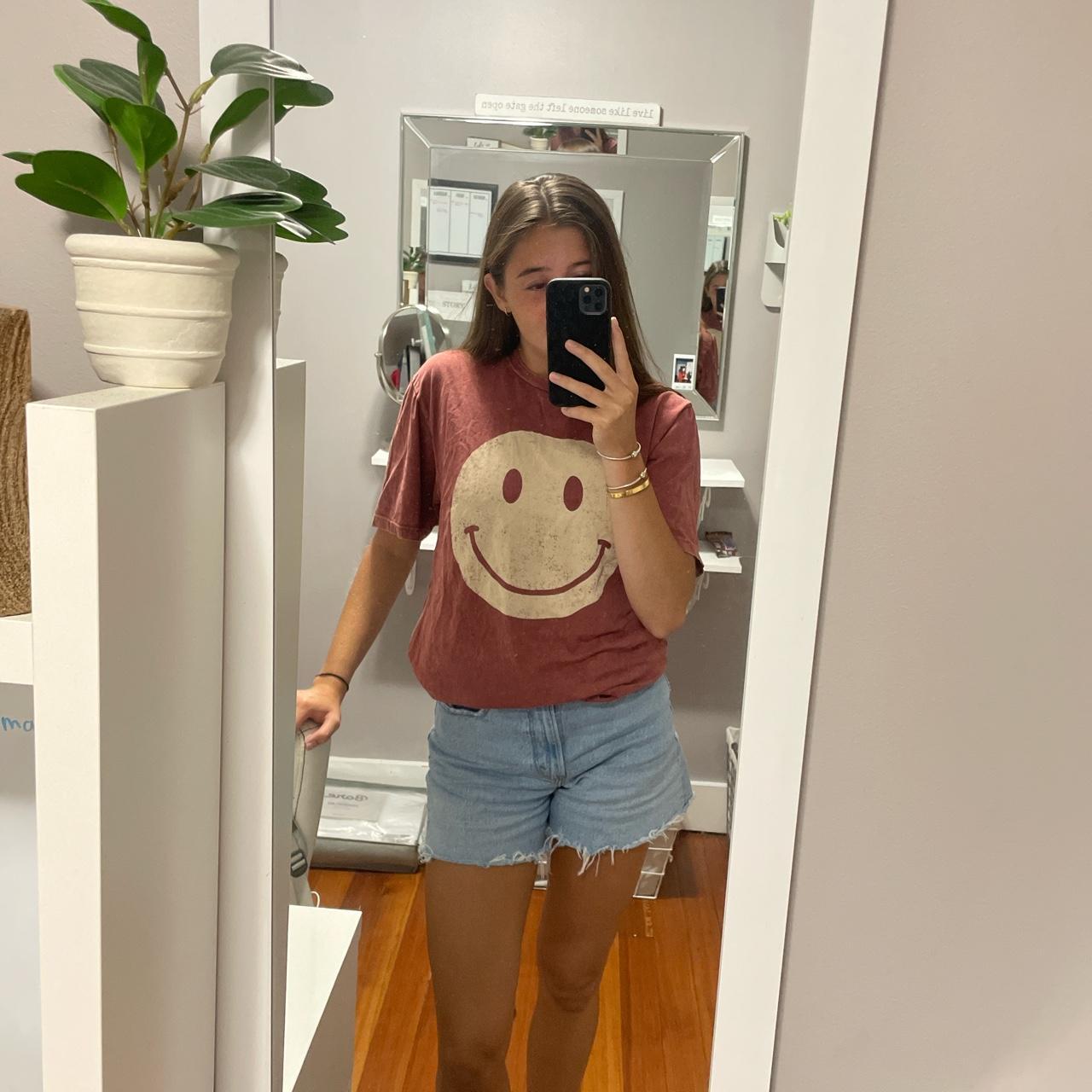 Maroon oversized smiley face shirt! Worn one time... - Depop