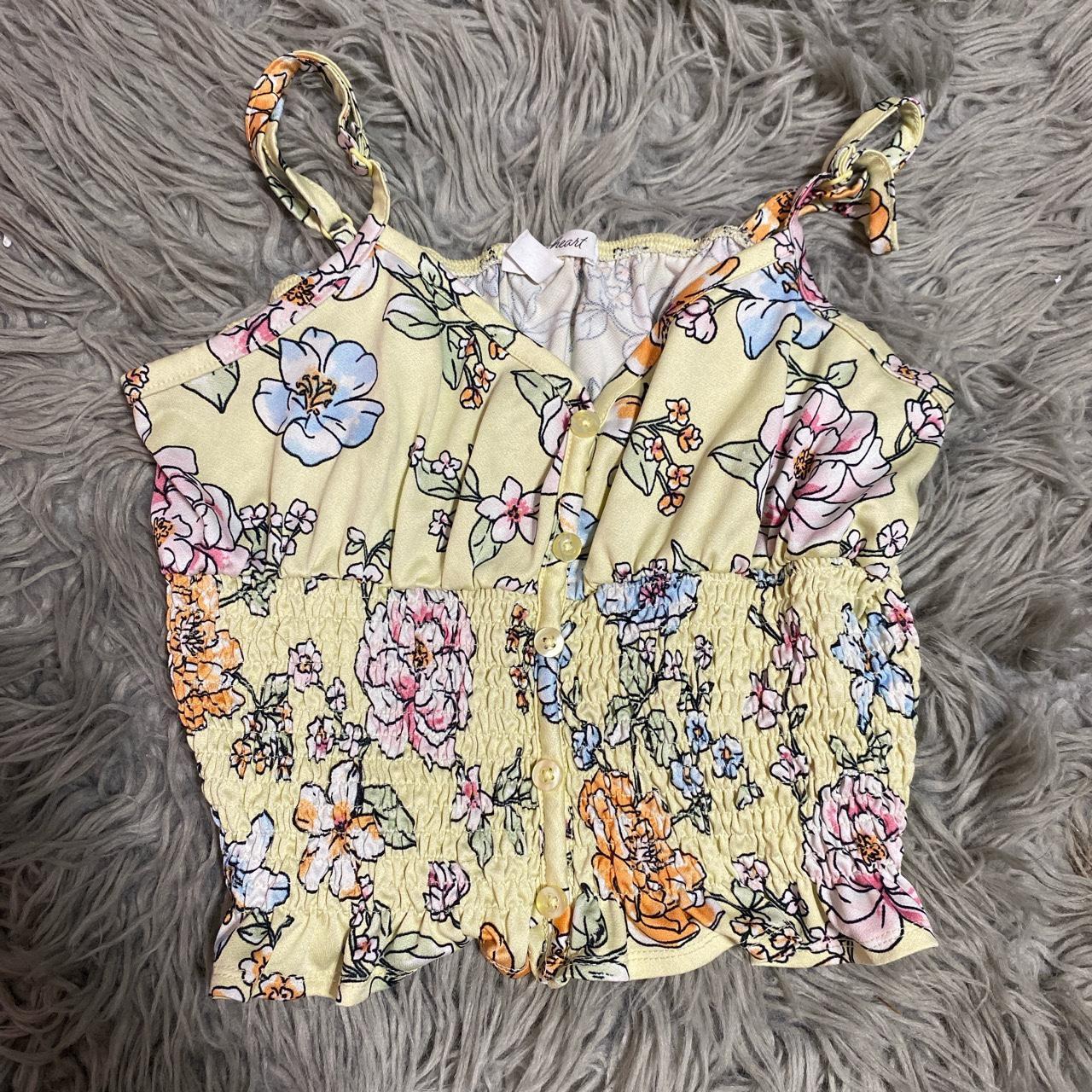 Medium pastel yellow crop top tank with floral... - Depop