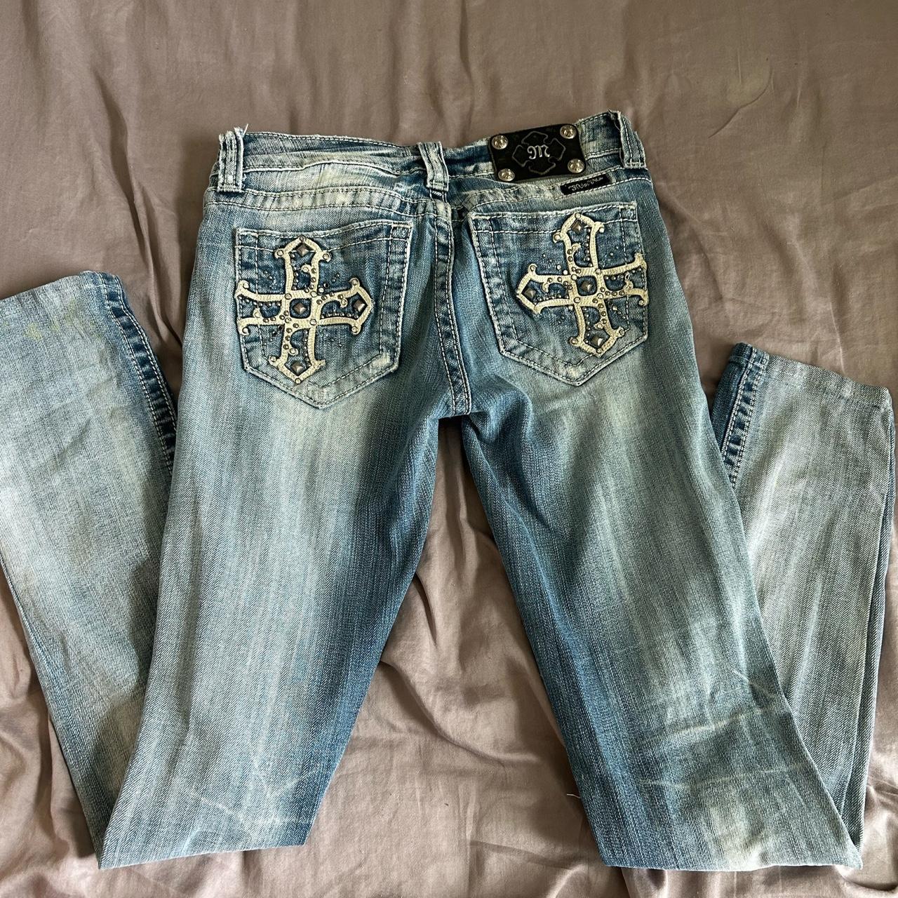 Low Rise Miss Me blue and white jeans - straight... | Depop