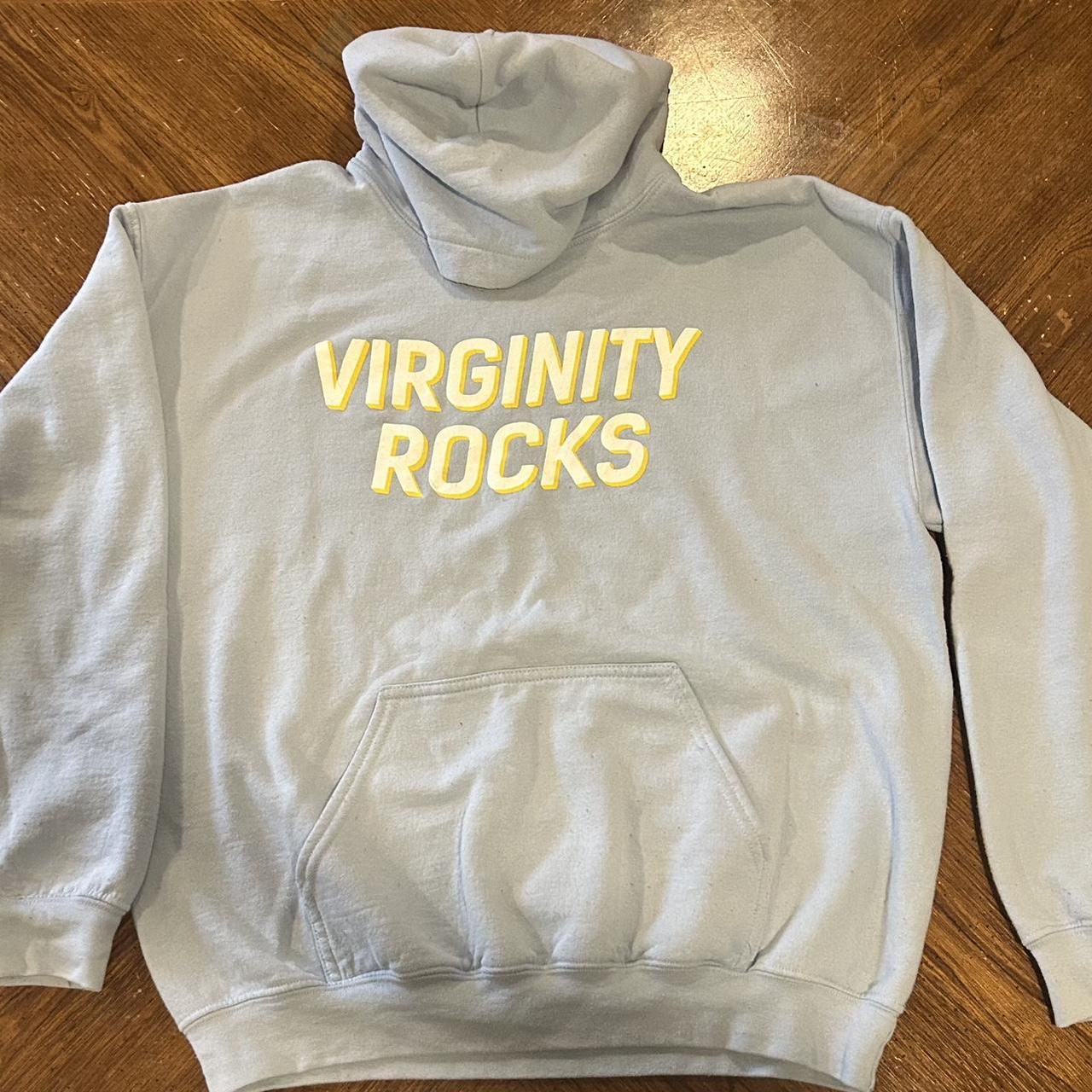 Blue and yellow virginity rocks hoodie - Depop