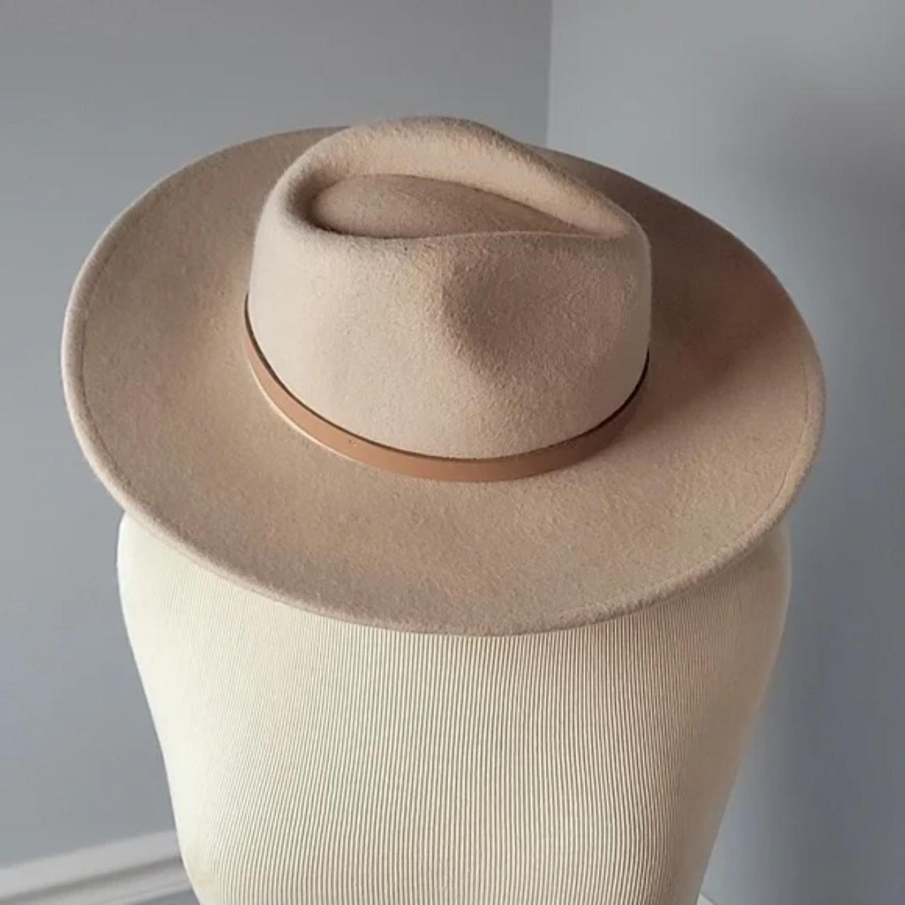 rubi Cream Colored Felt Hat with Faux Leather... - Depop