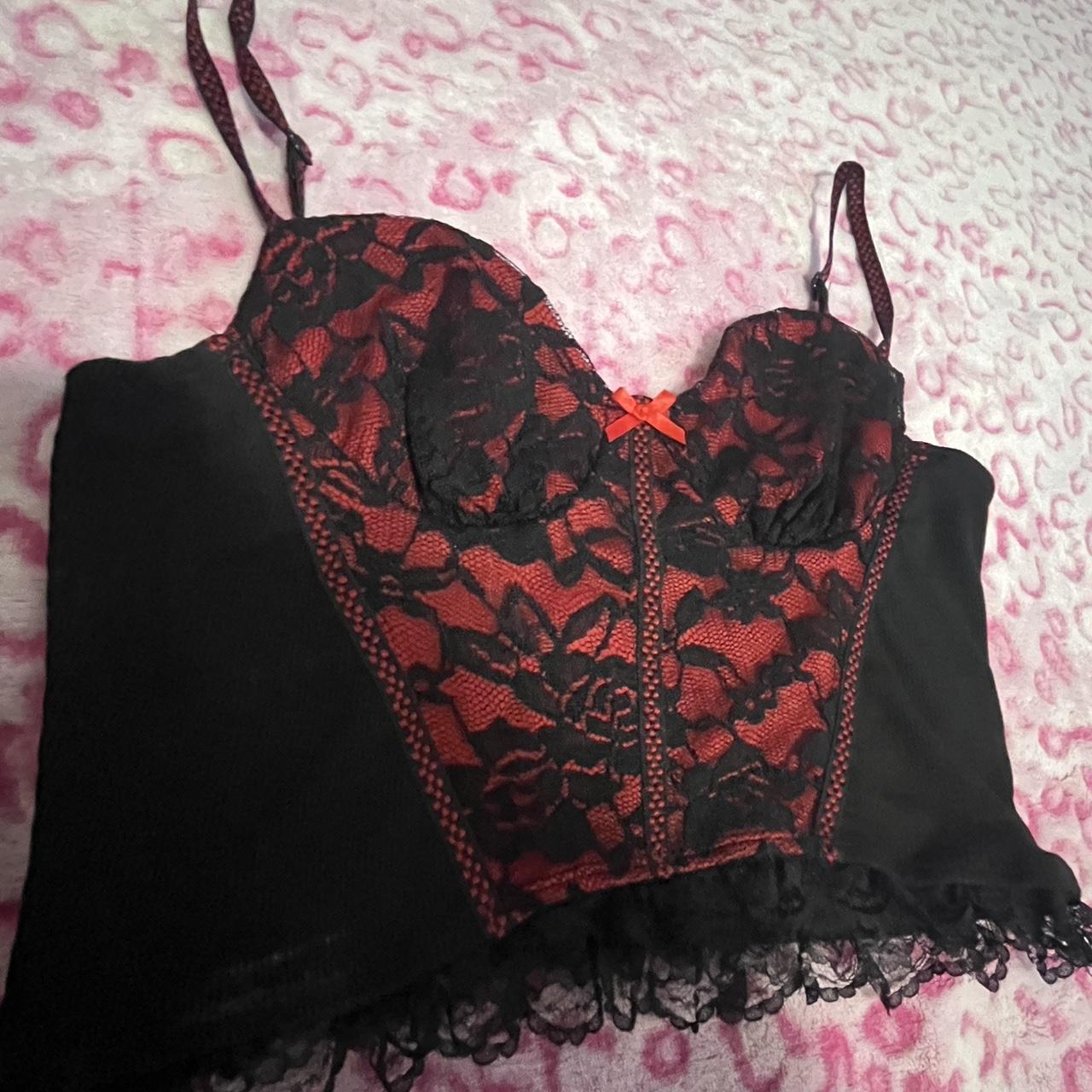red and black crop top with black lace 🧛🏻‍♀️ size - L -... | Depop