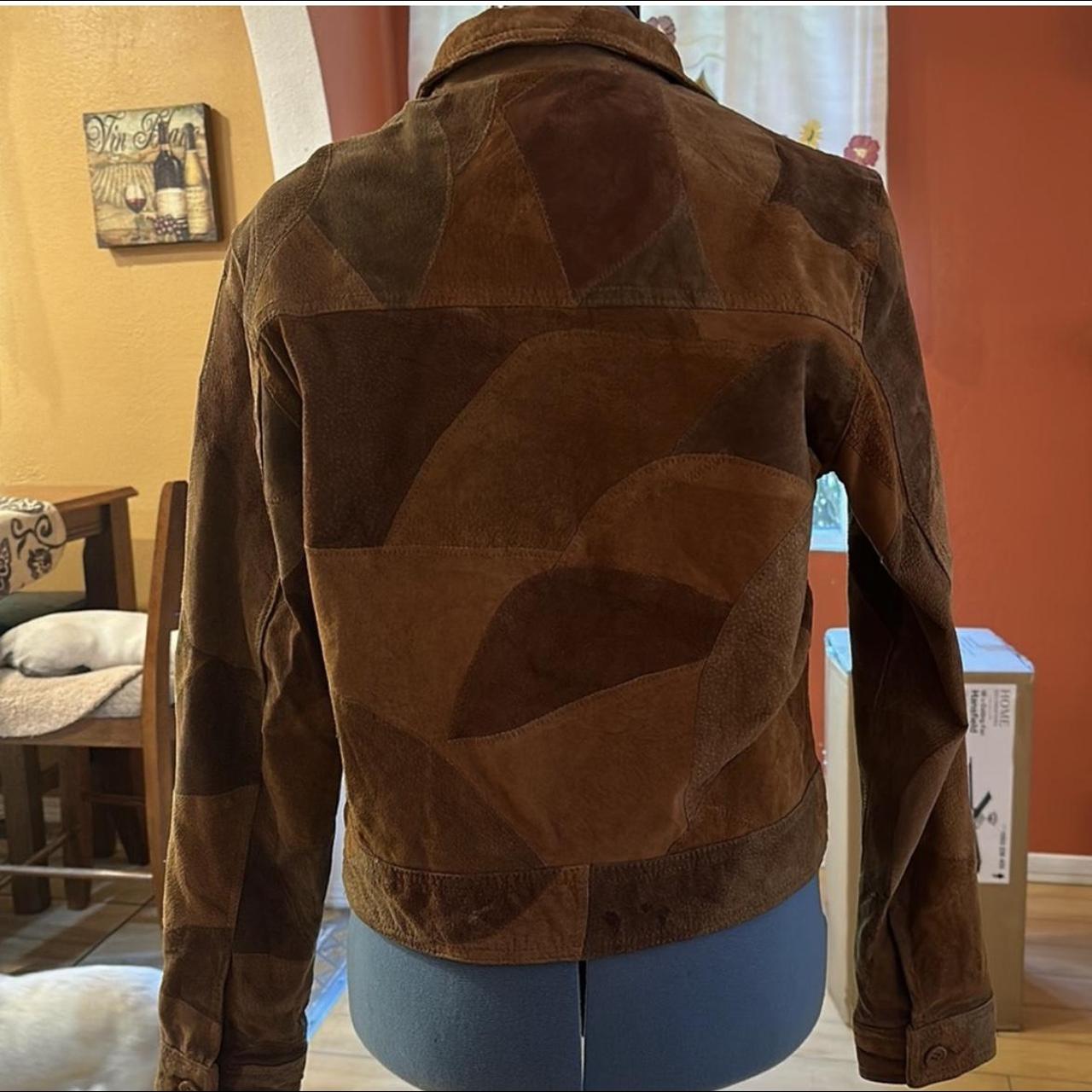 Newport News Leather brown patchwork jacket Gently... - Depop