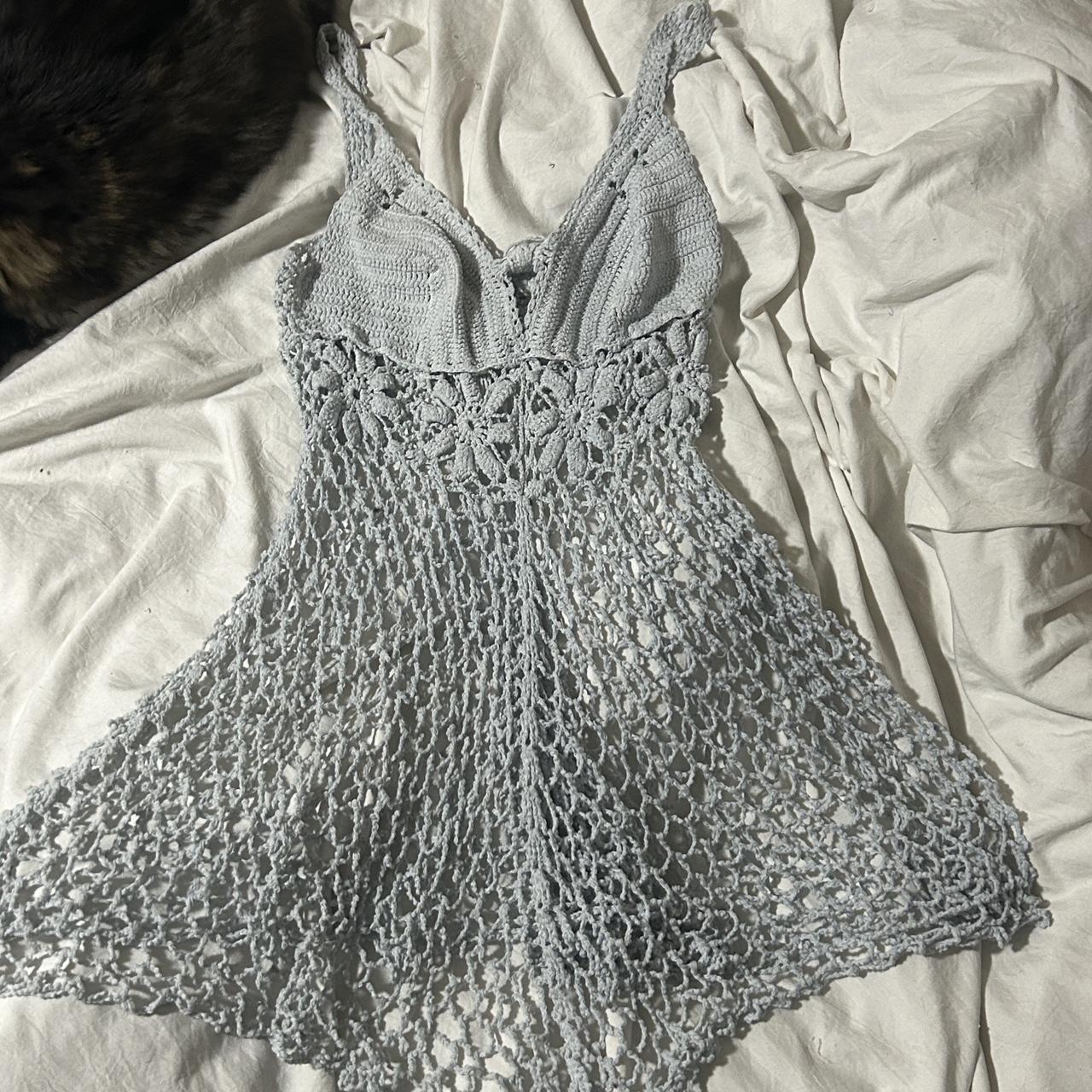 knitted fish net beach cover up dress with flowers... - Depop