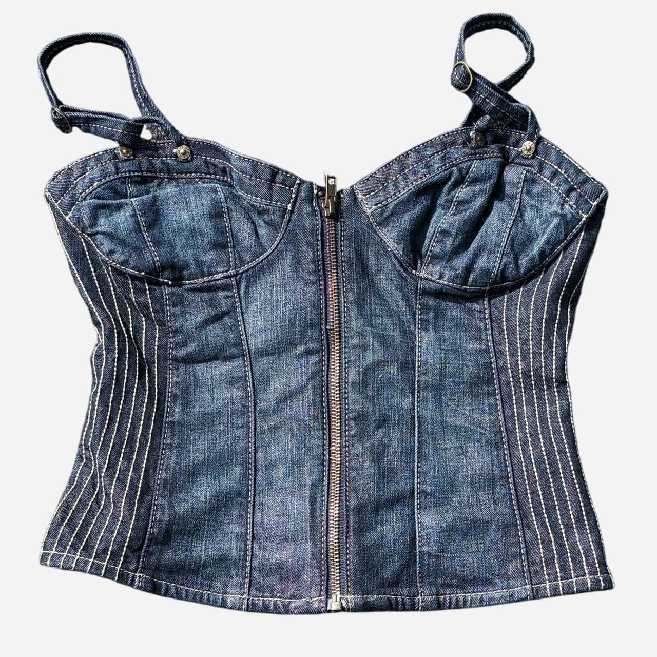 Vintage GUESS blue denim corset / bustier top with... | Depop