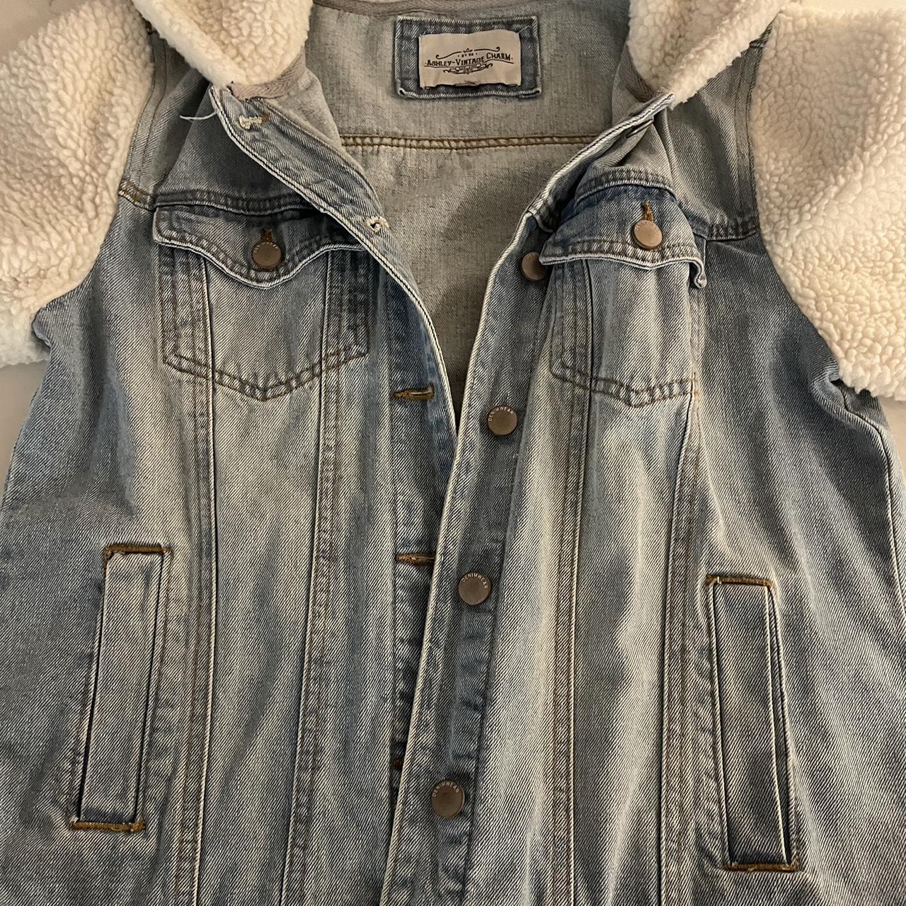 denim jacket with fluffy hood and sleeves - worn a... - Depop