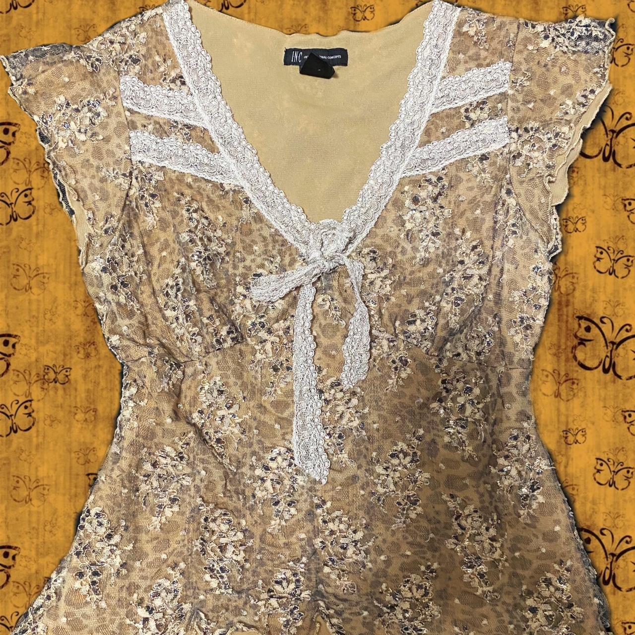 Vintage INC Patterned Top with lace V line neck... - Depop