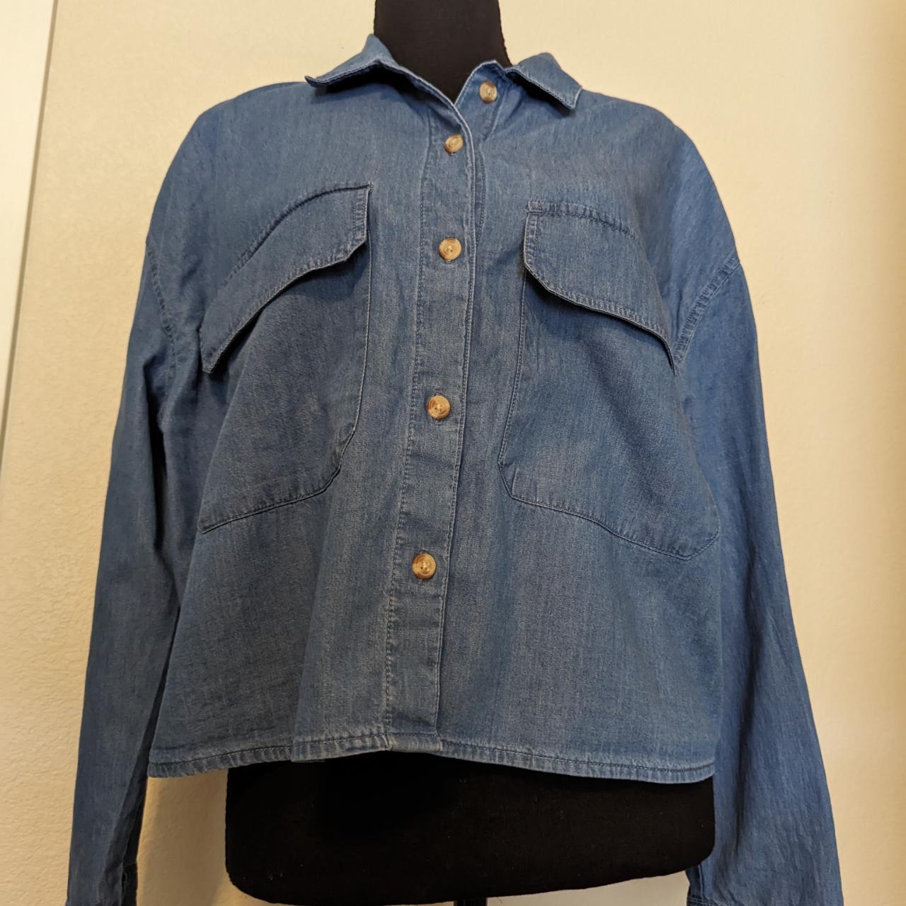 ThereAbouts Long Sleeve Blue Denim Top - Depop