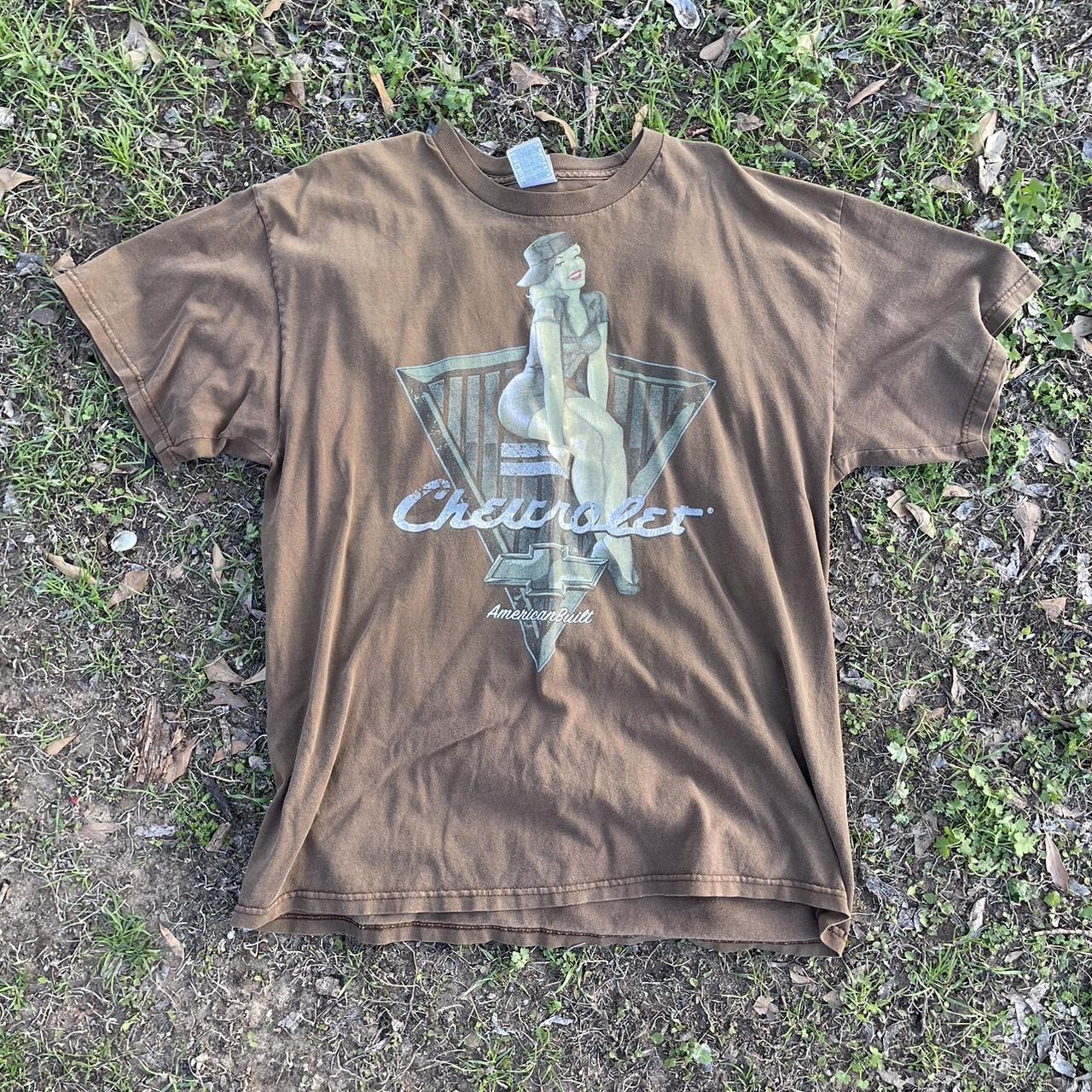 Brown vintage Chevrolet pinup girl graphic tee car... | Depop