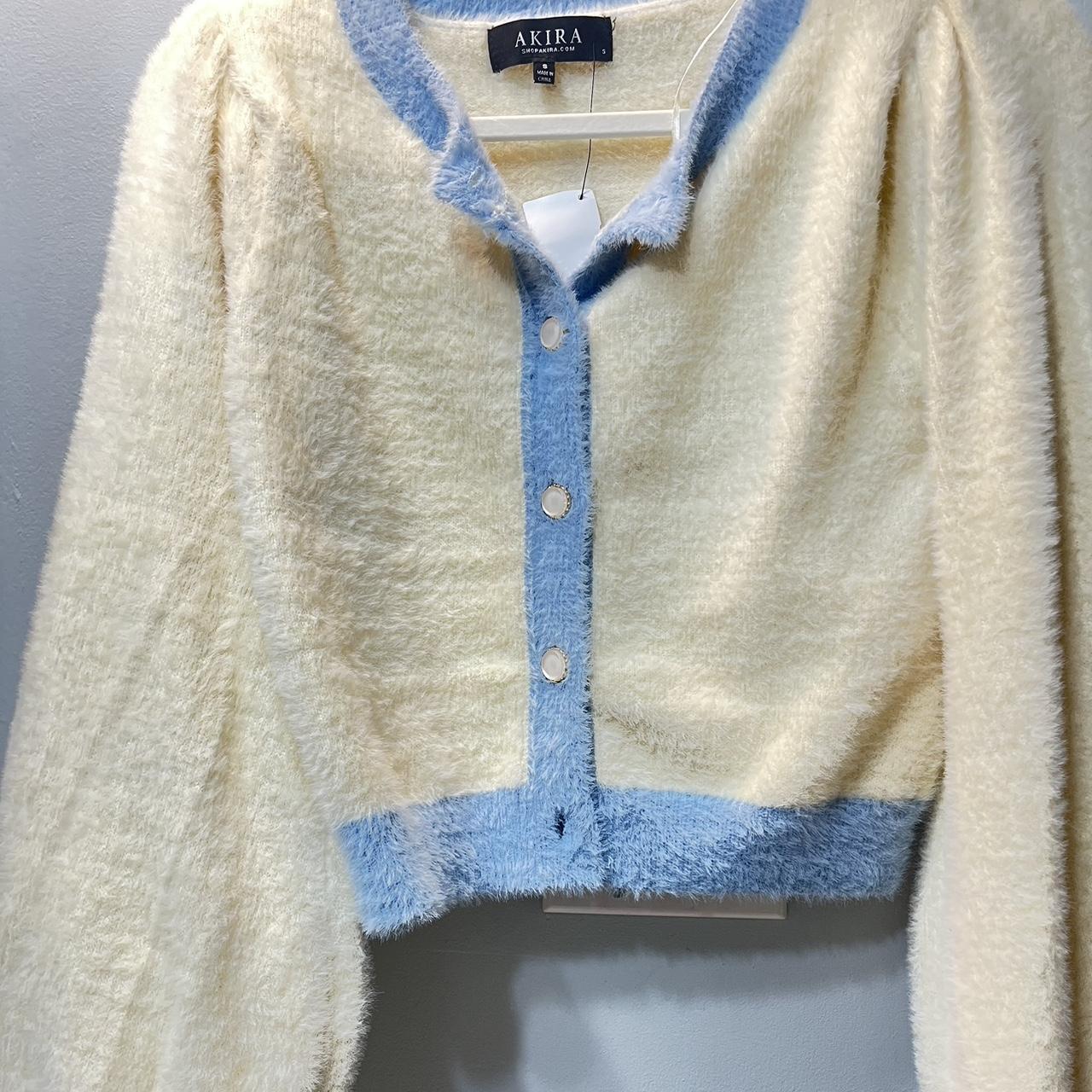Cream colored FUZZY button up cardigan, baby blue... - Depop