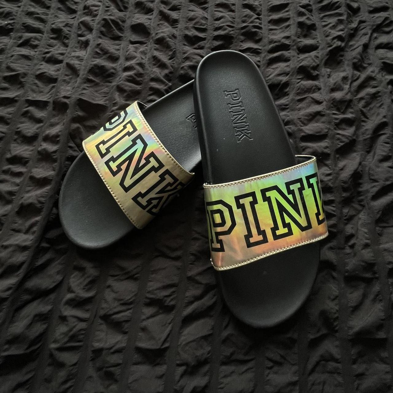 black Victorious Secret Pink slides worn a couple... - Depop