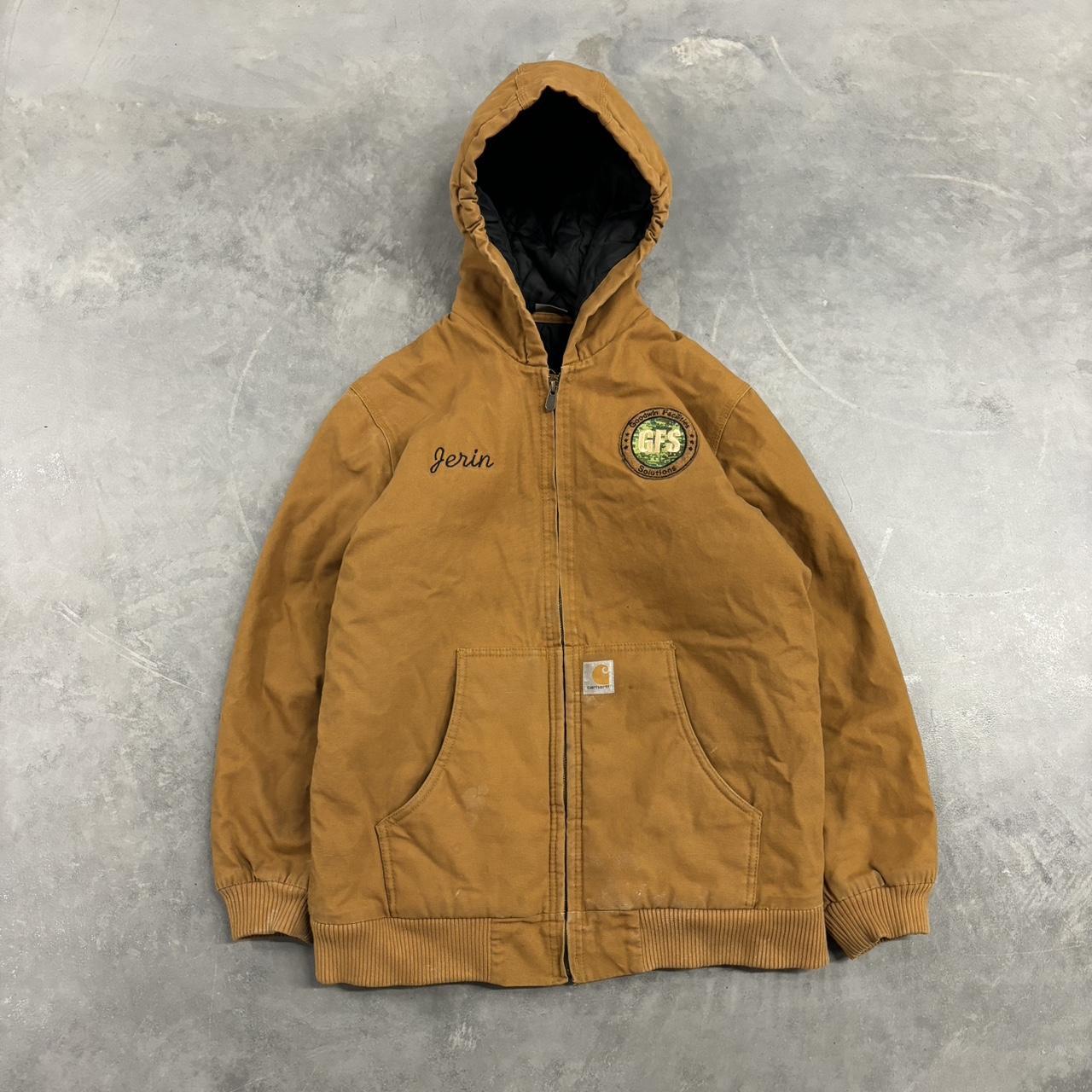 Tan Carhartt jacket with size small men’s active hooded - Depop