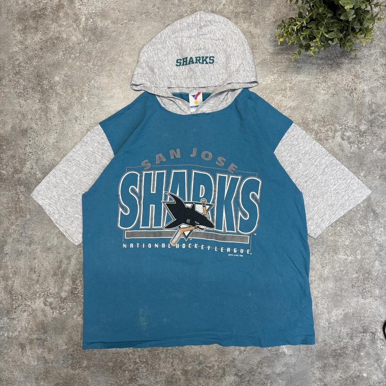 90s sharks NHL SAN DIEGO blue and grey hooded... | Depop