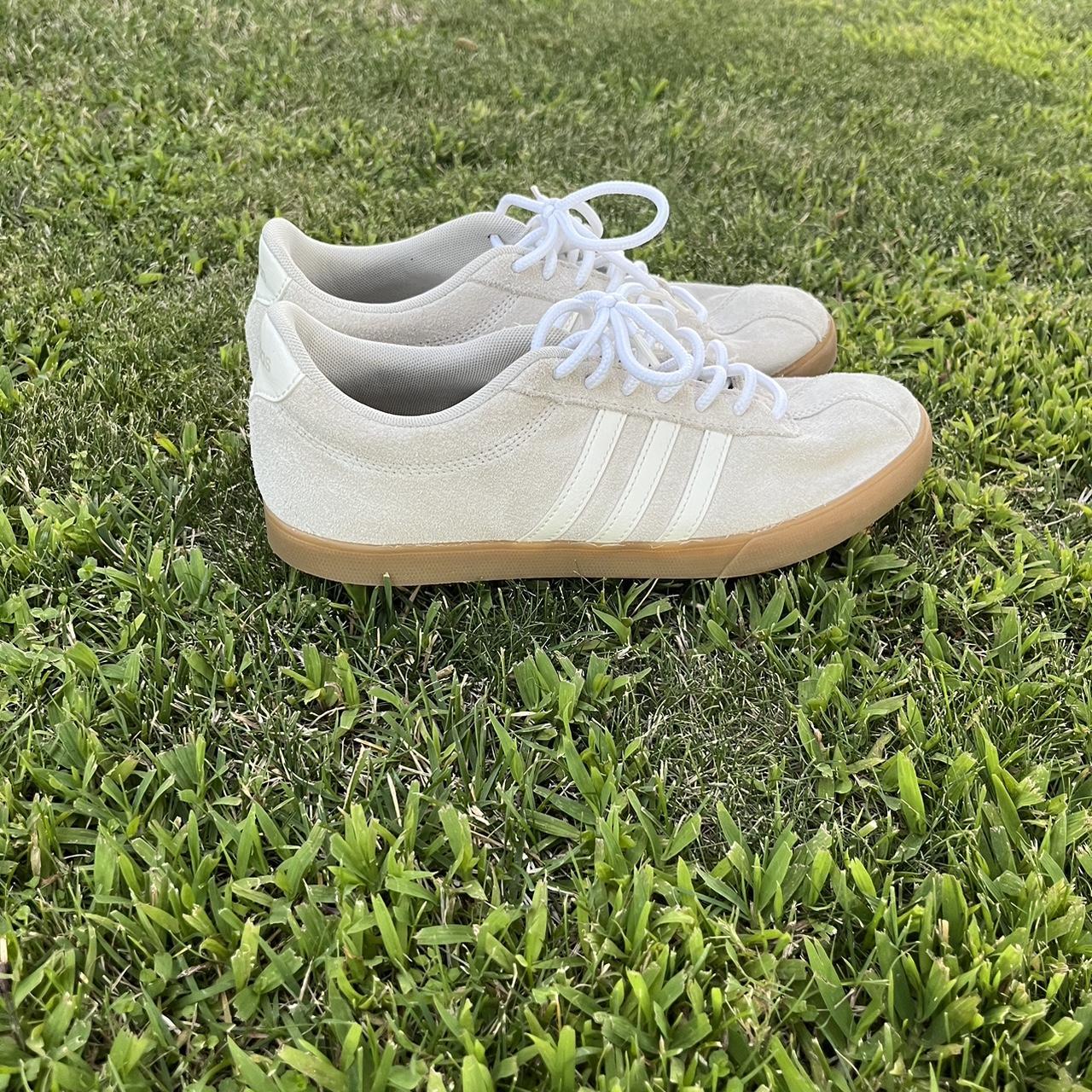 white adidas shoes comfortable, cream coloring,... - Depop