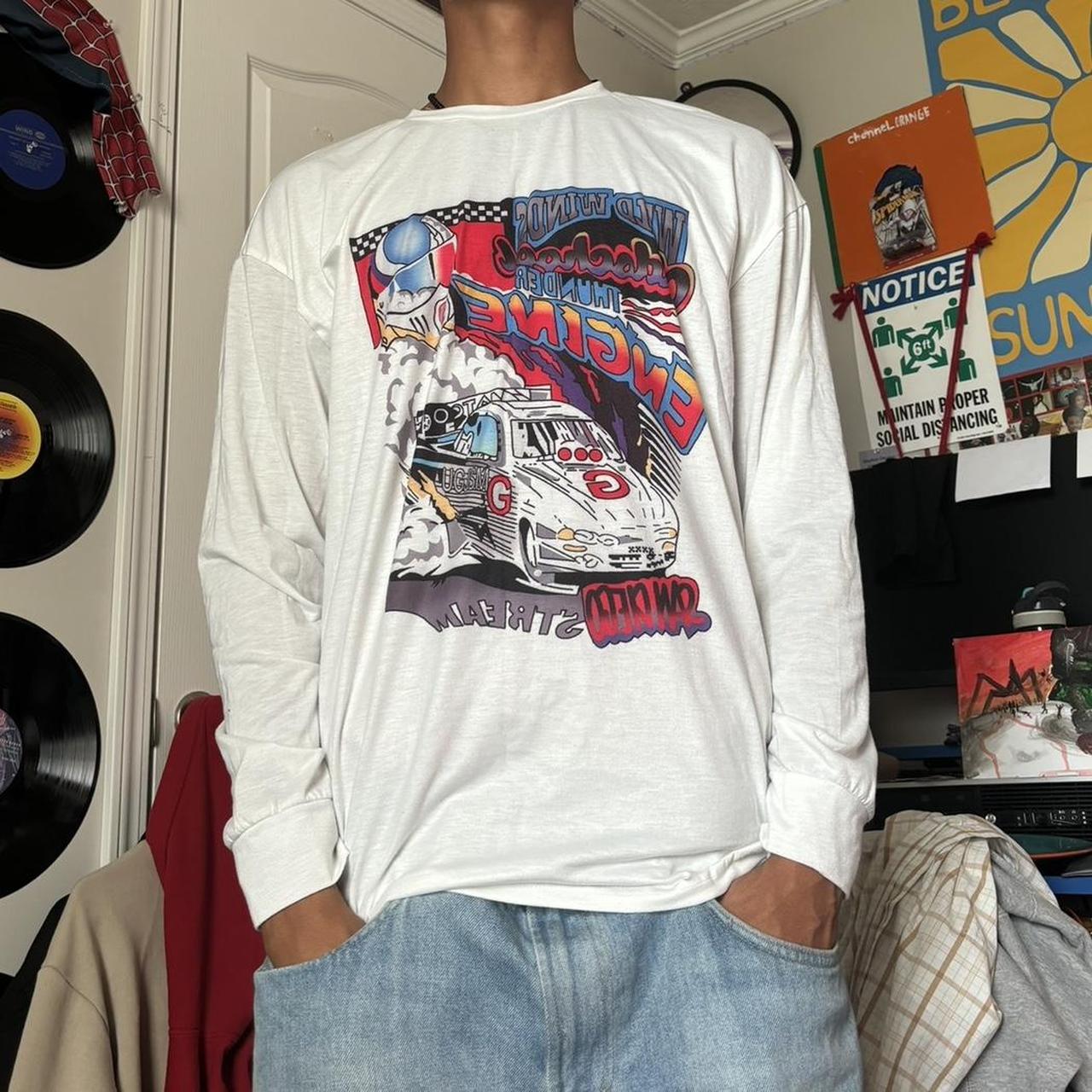 White long sleeve racing tee #streetwear #y2k - Depop