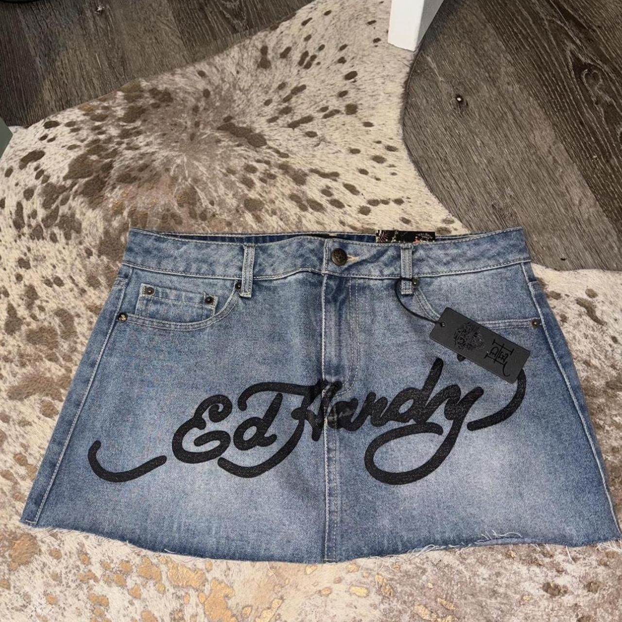BNWT, Ed Hardy denim skirt in a size L! This is a... - Depop