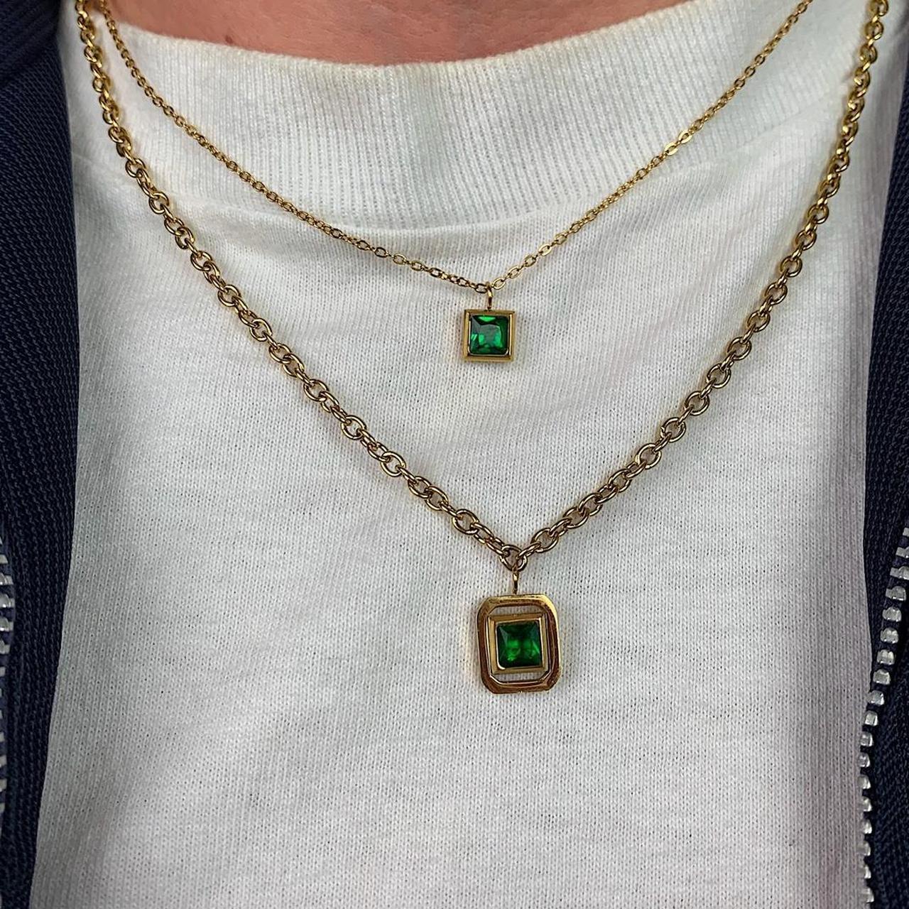 Vintage Style Classy Double Gold Chain Green jewel... - Depop