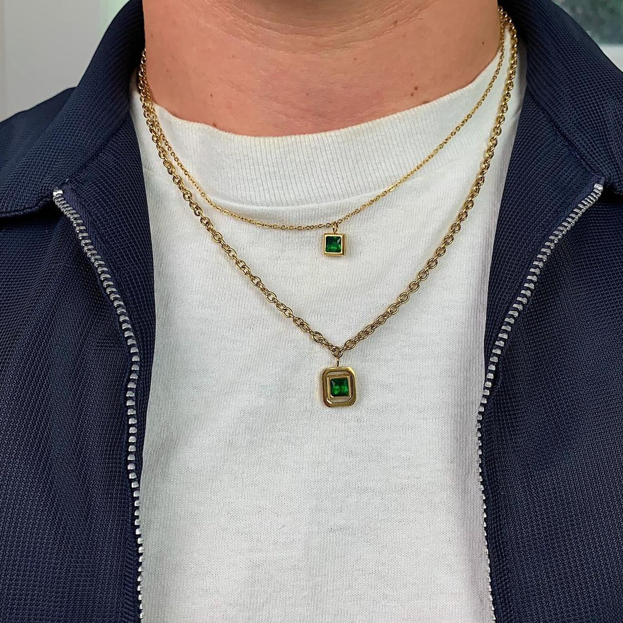 Vintage Style Classy Double Gold Chain Green jewel... - Depop