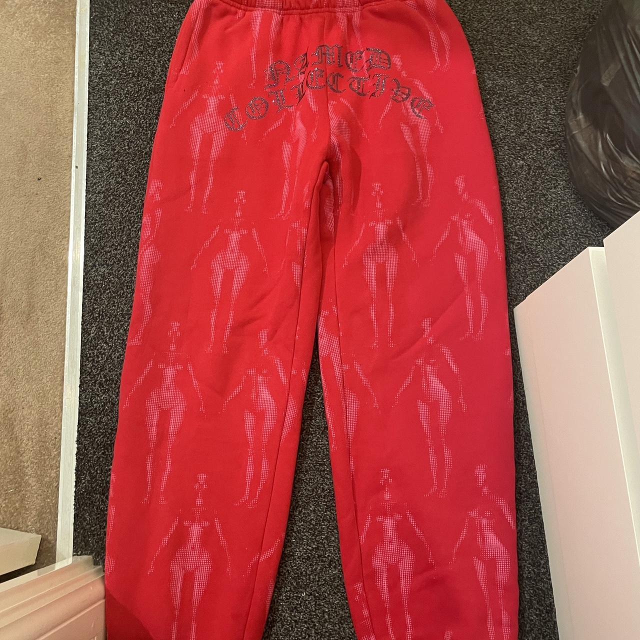 named collective avatar joggers -red with pink... - Depop