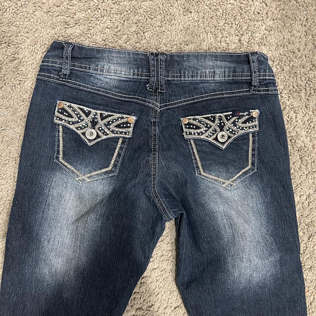 y2k bedazzled bootcut dark wash jeans say size seven... - Depop