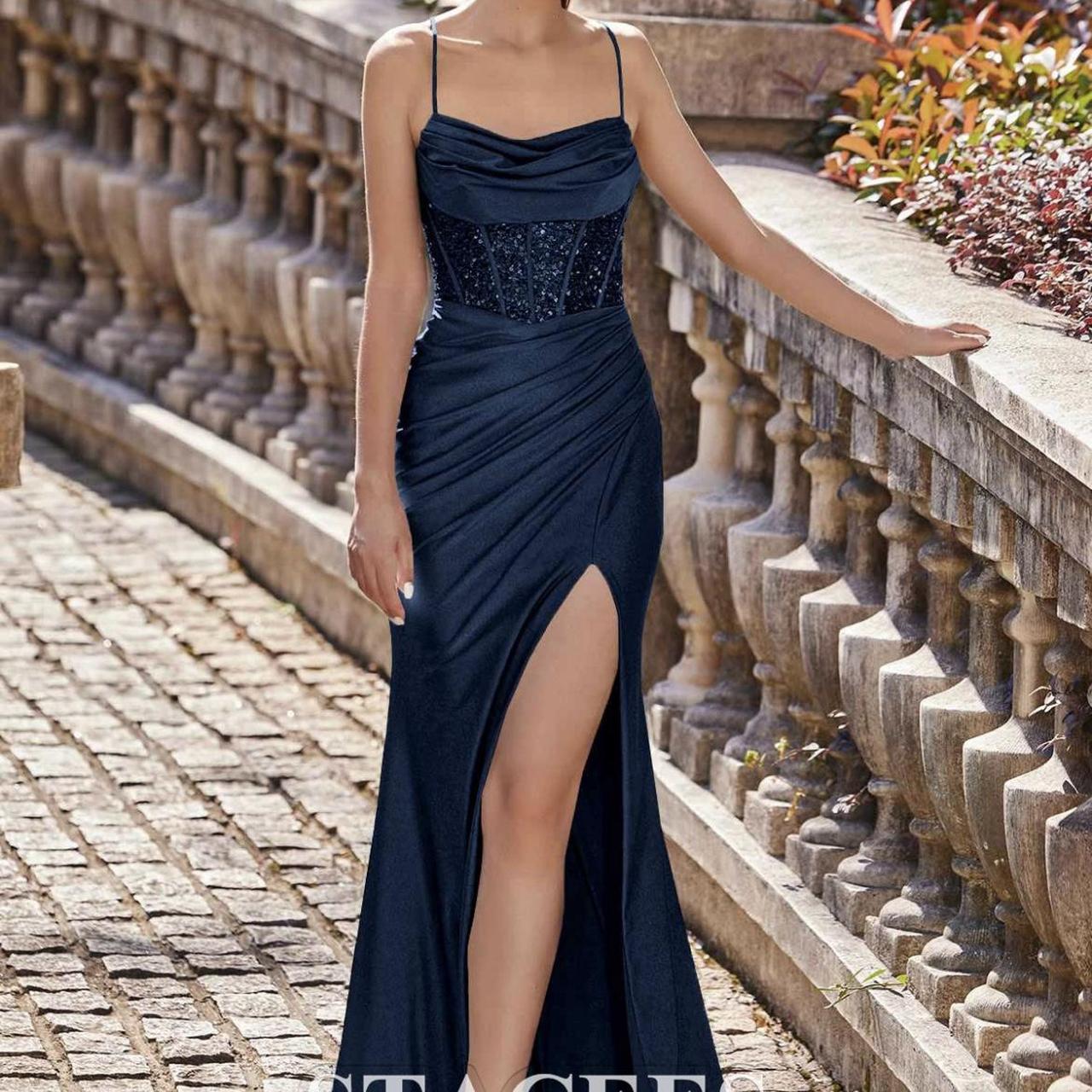 Stacees navy blue corset prom dress, brand new never... - Depop