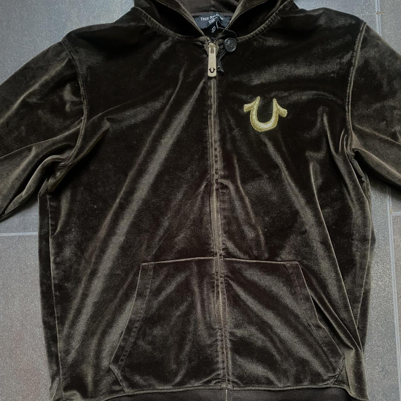 Brown velvet True Religion zip-up hoodie #hoodie... - Depop