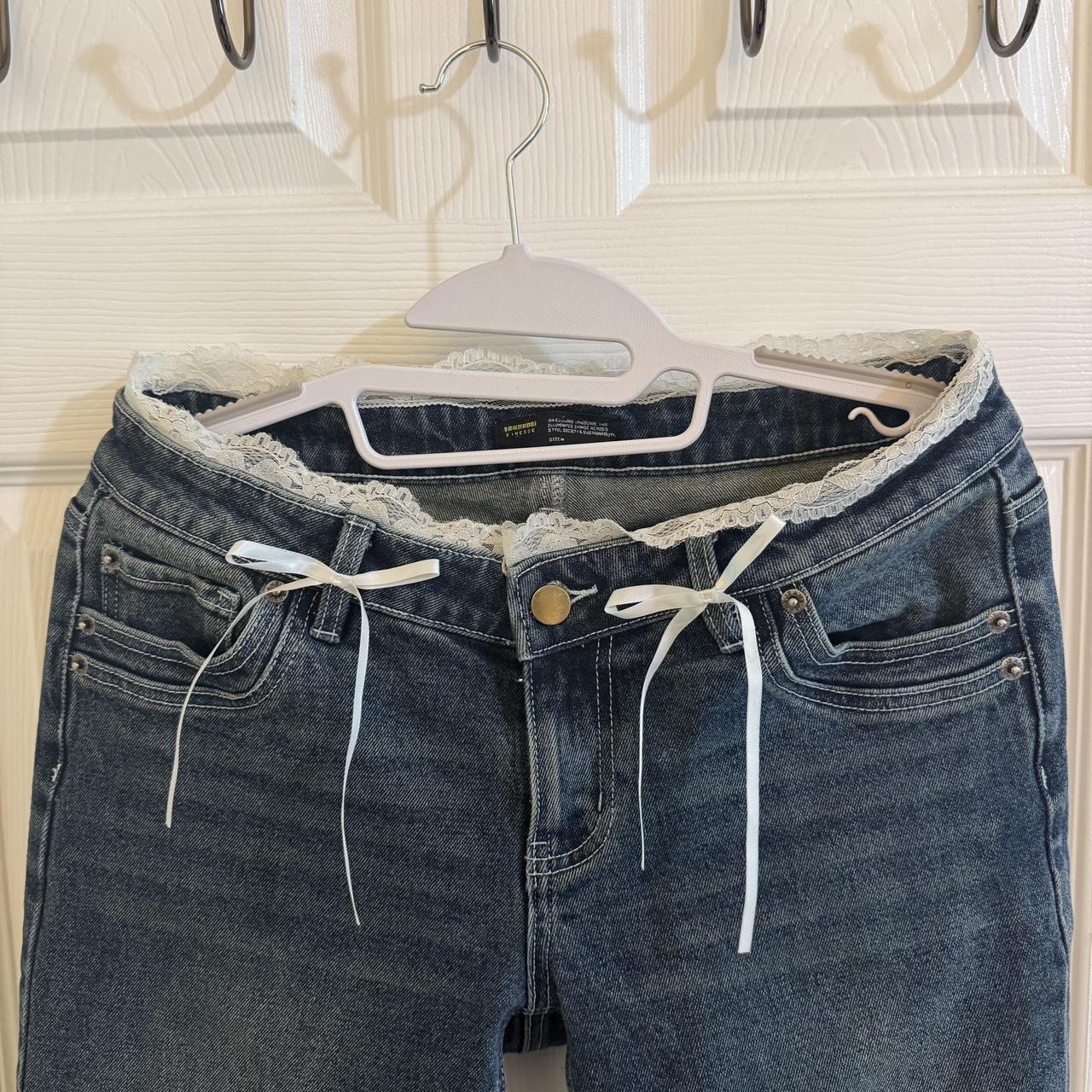 Maeva blue denim lace trim jeans with low-rise... | Depop