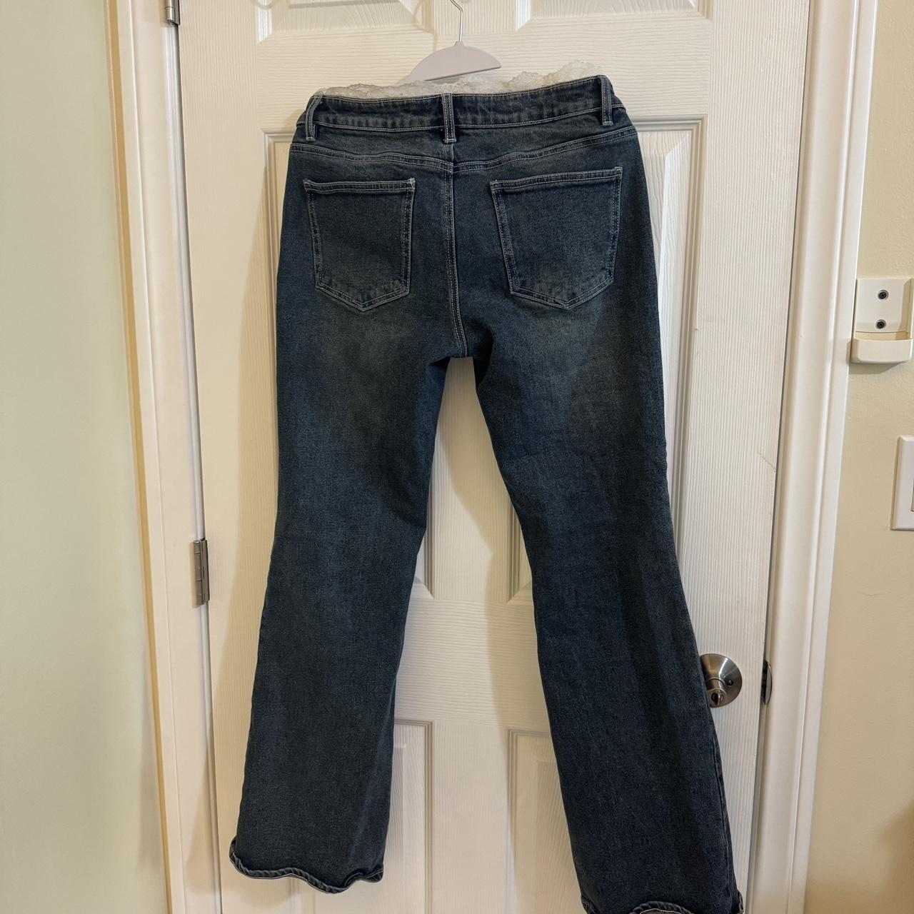 Maeva blue denim lace trim jeans with low-rise... | Depop