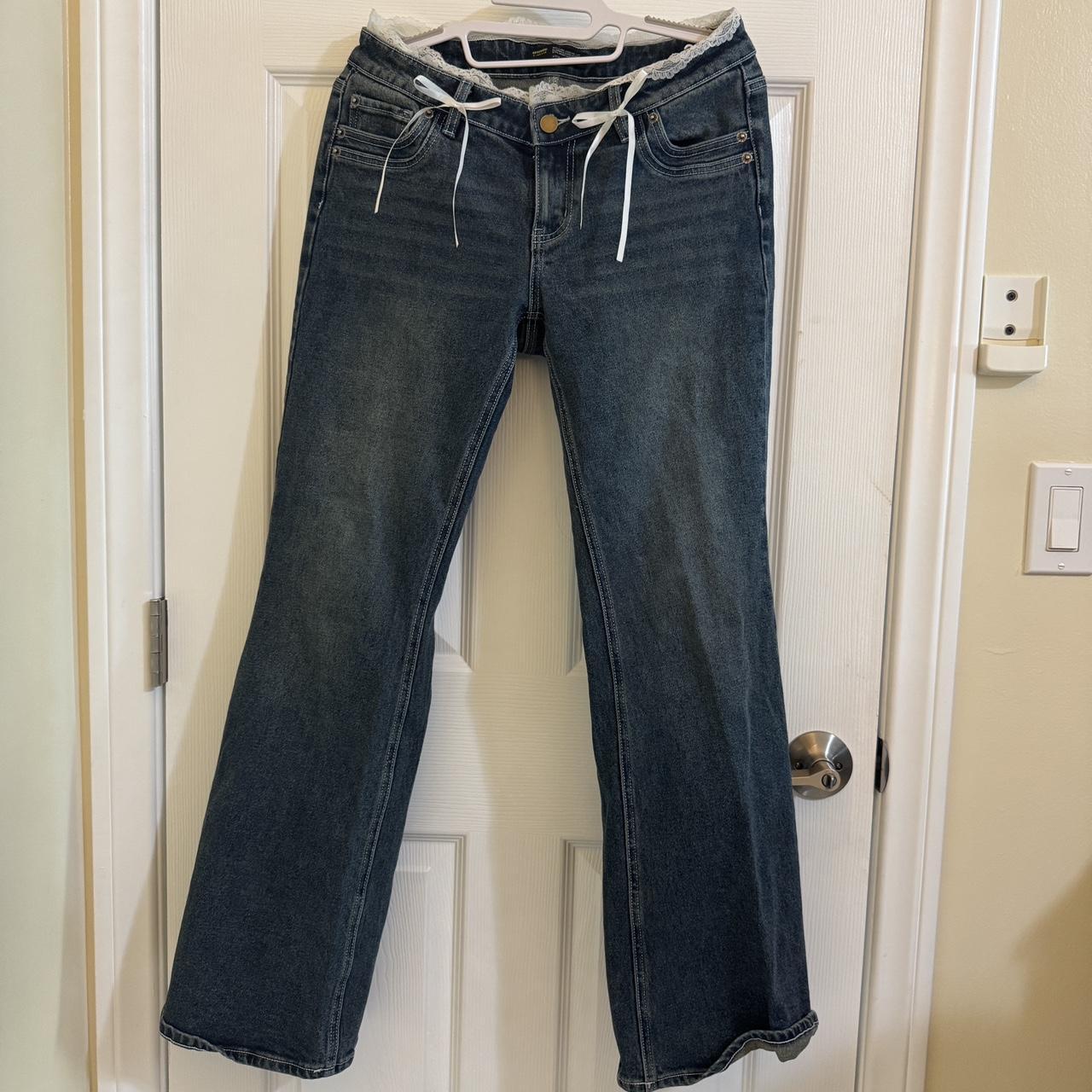 Maeva blue denim lace trim jeans with low-rise... | Depop
