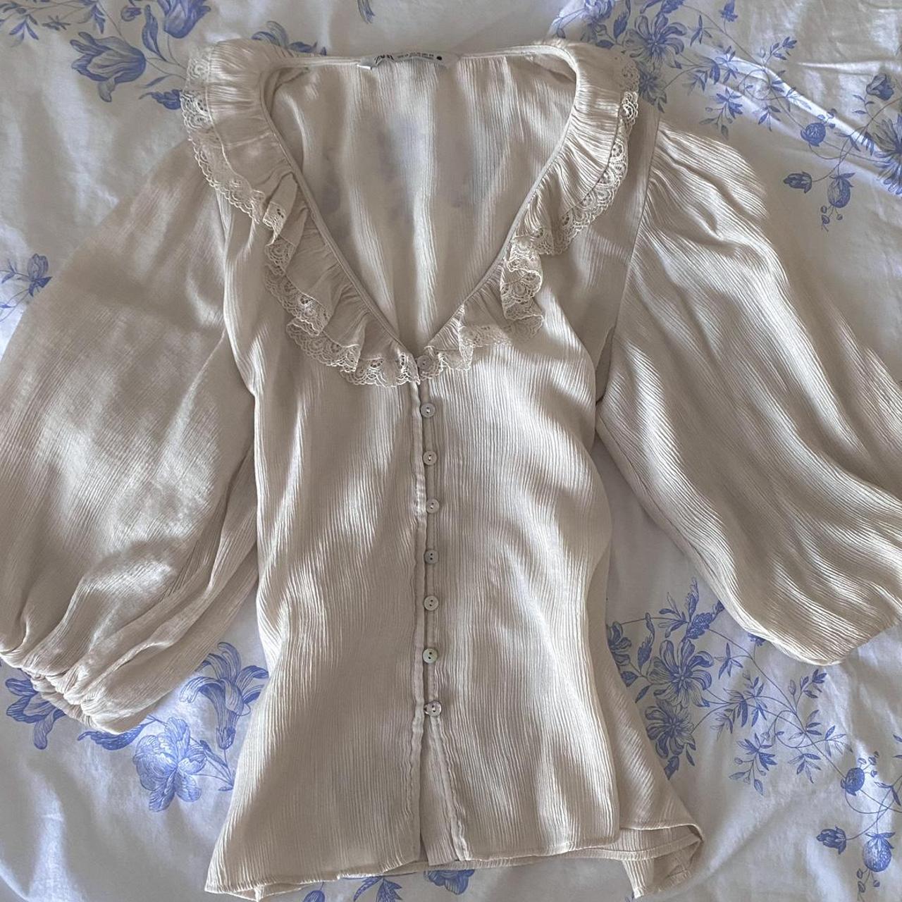 Zara lace ruffle top. - cream color top with lace... - Depop