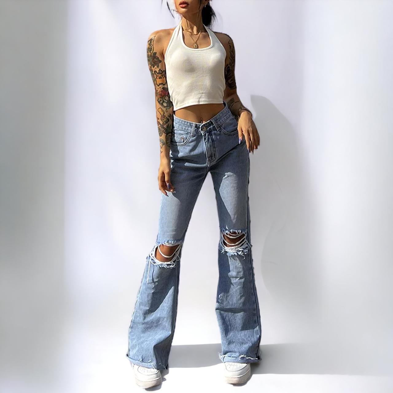 Distressed Light Wash Flared Jeans Introducing our... - Depop