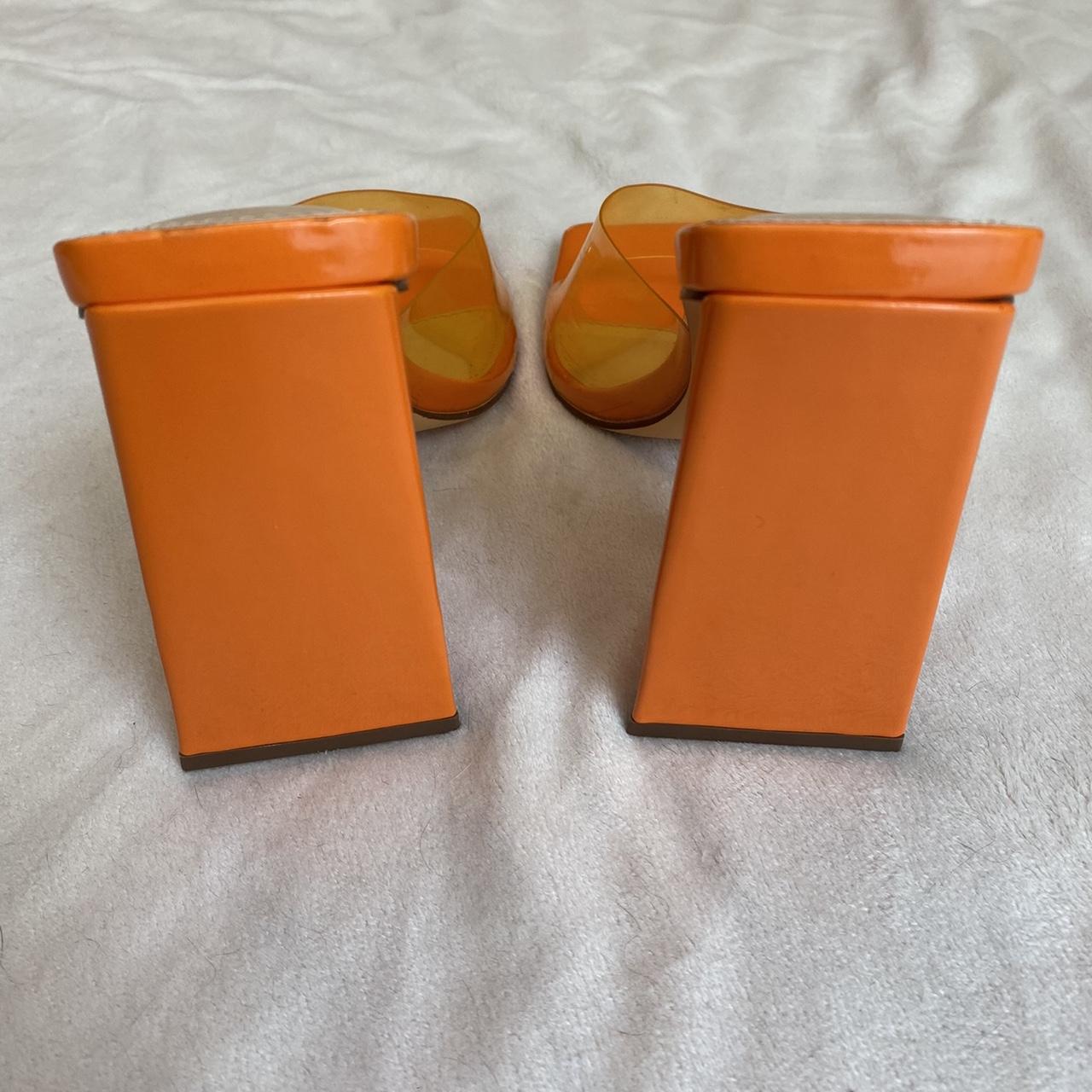 Orange block heels with vinyl foot strap and... - Depop