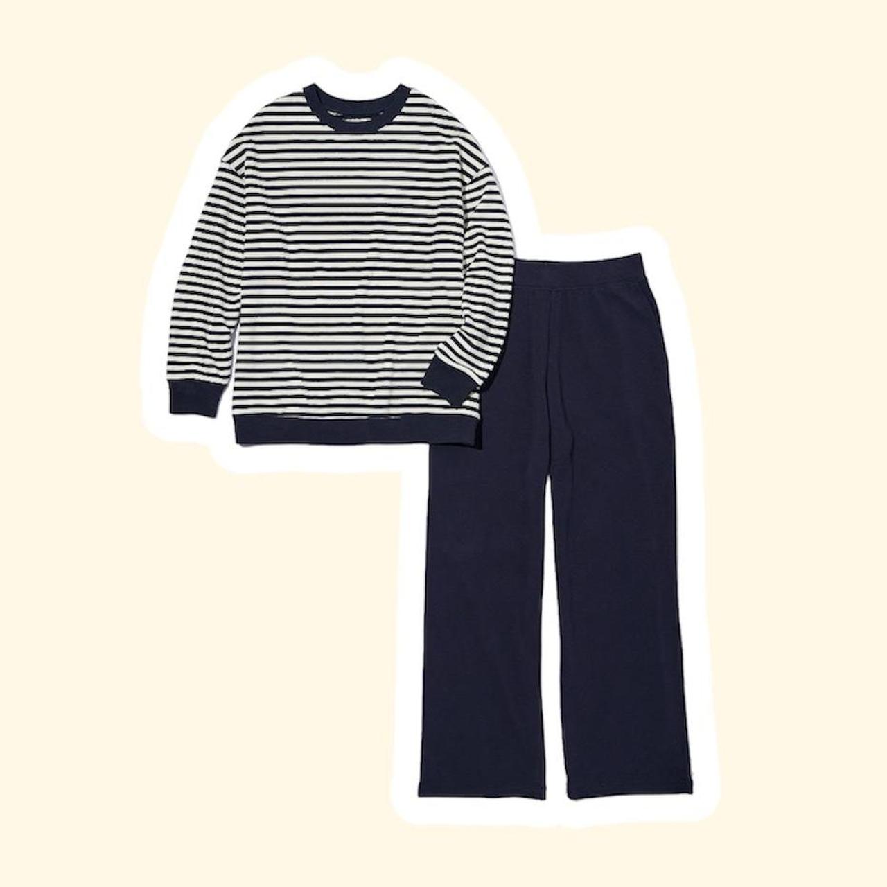 Uniqlo navy striped loungewear pajama set... - Depop