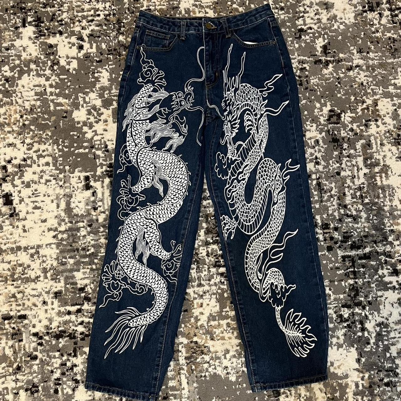 Custom dragon print jeans Waist: 30 Length 38... - Depop