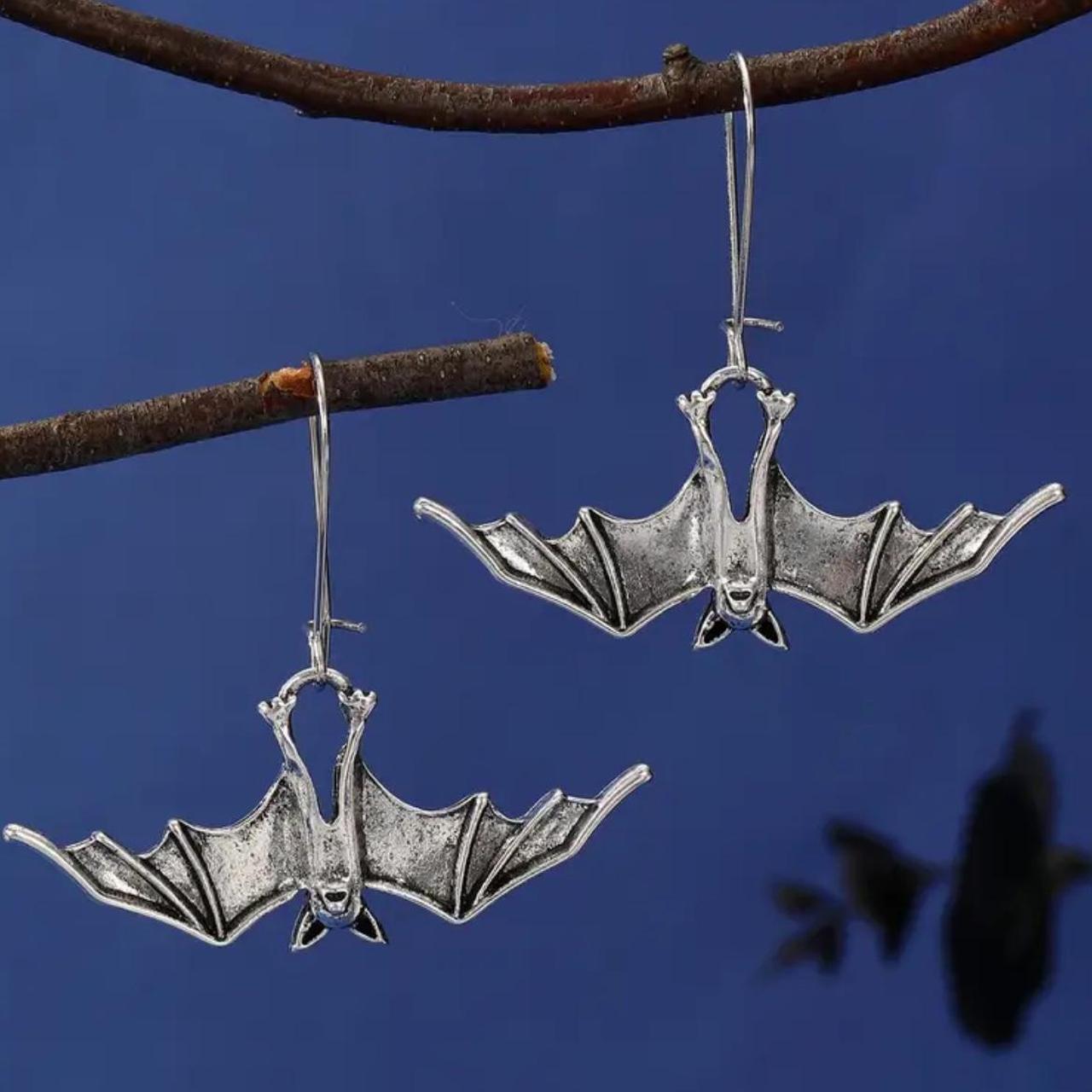 Silver Gothic Bat Dangle Earrings - Depop