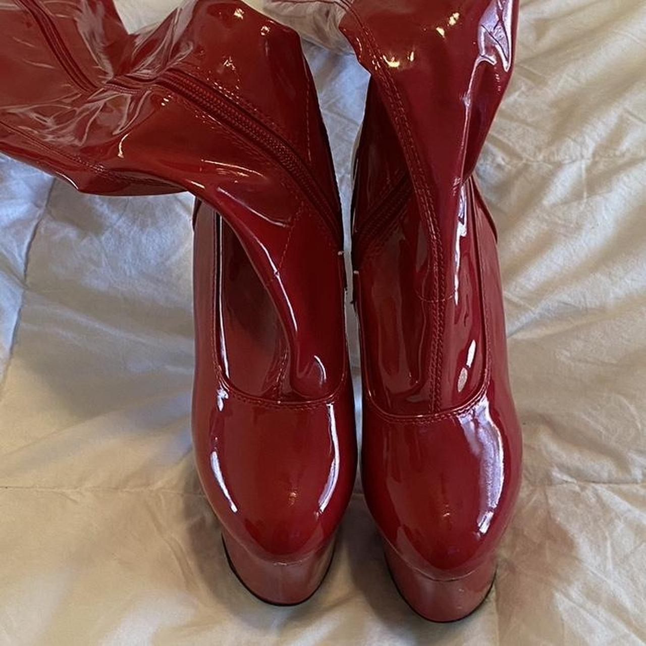 red latex thigh high pleaser heels boots - Depop