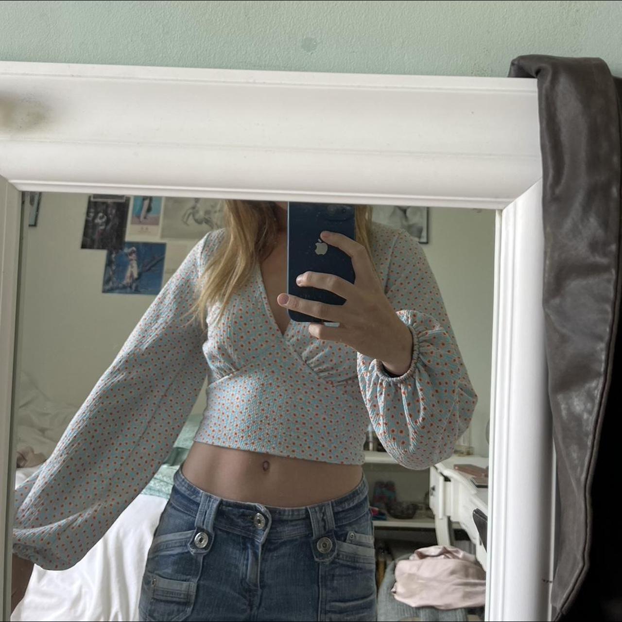 BNWT monki blue and pink ditsy floral bell sleeve v... - Depop