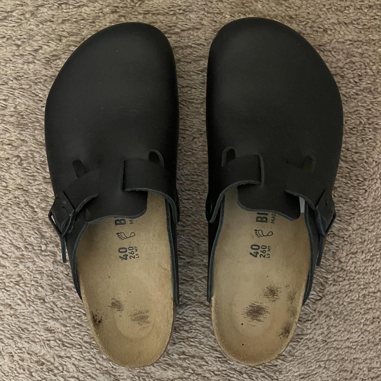 Hardly worn brikenstock Boston clogs in black leather - Depop