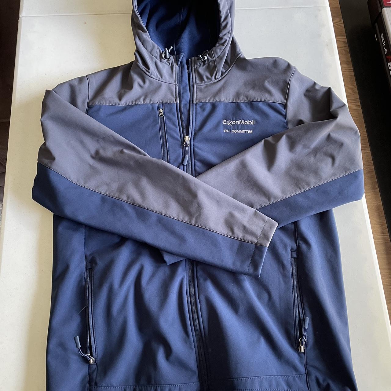 Exxon Mobil navy and grey shell jacket Size:... - Depop