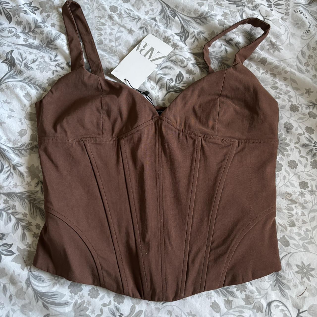 BROWN ZARA CORSET TOP Size: Medium Colour: Brown... - Depop
