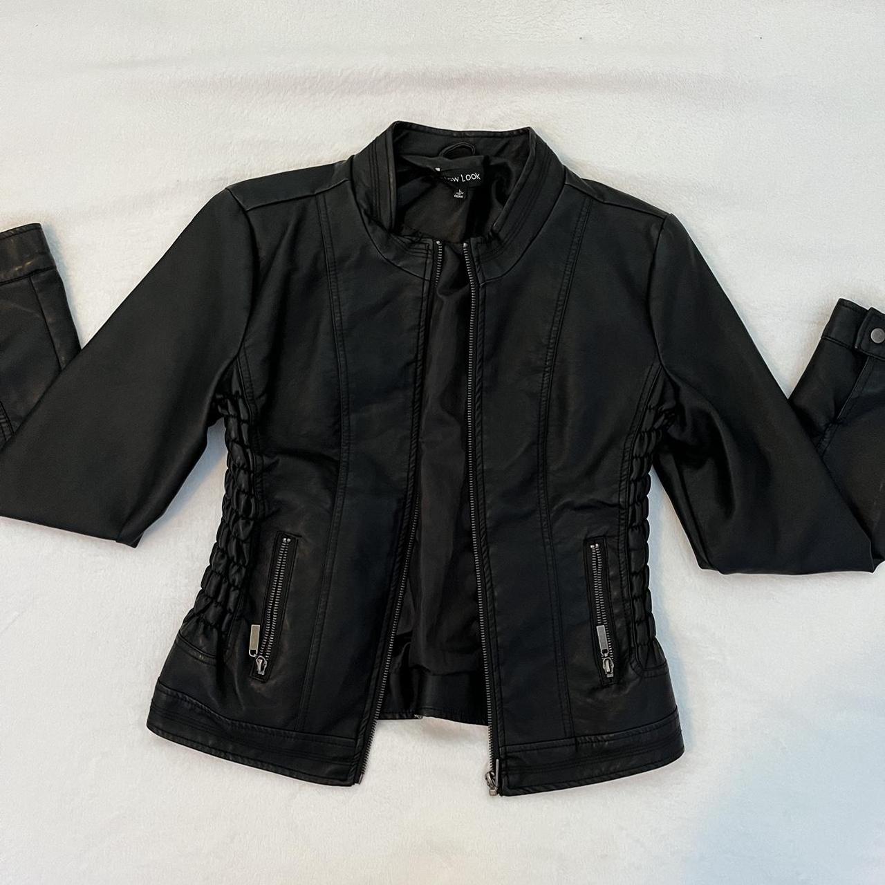 black faux leather zip up jacket with zip pockets... - Depop