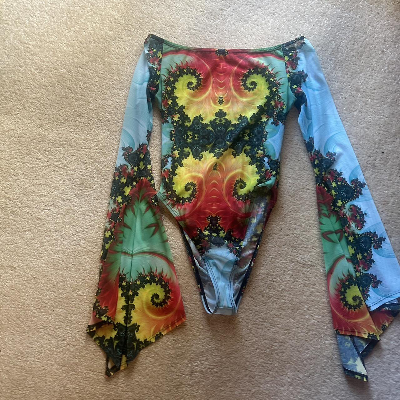 Badinka rainbow swirly mesh bodysuit with flared... - Depop