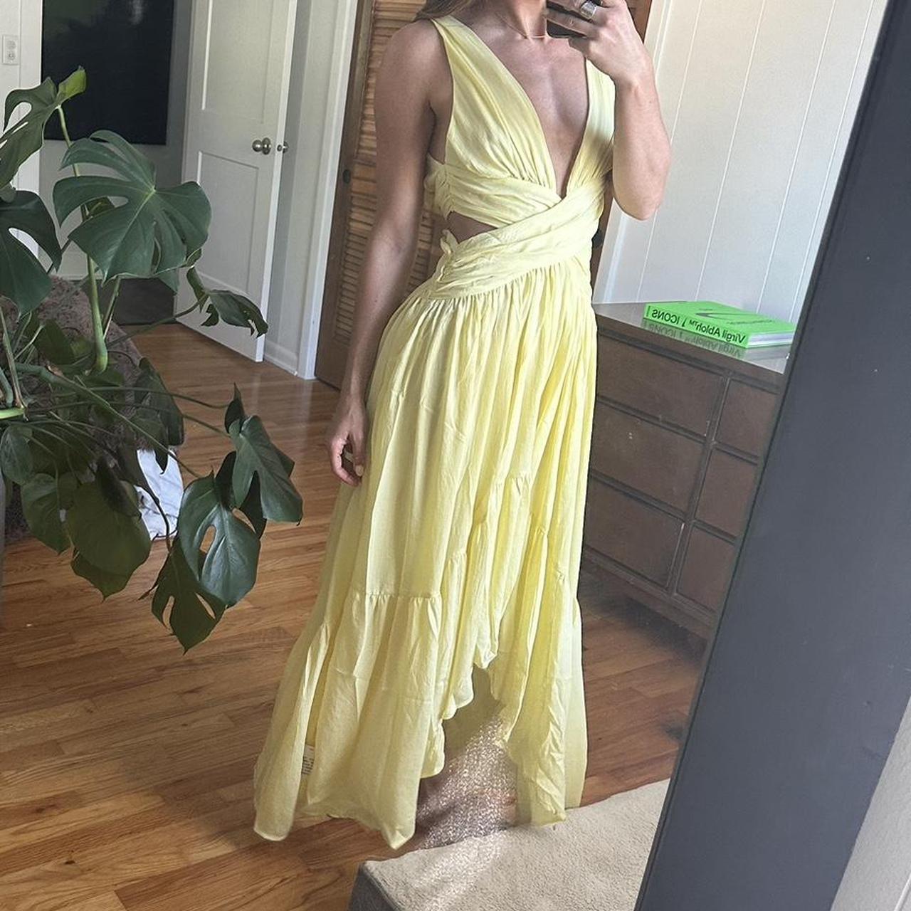 Gorgeous lemon yellow deep V dress, side cutouts,... - Depop
