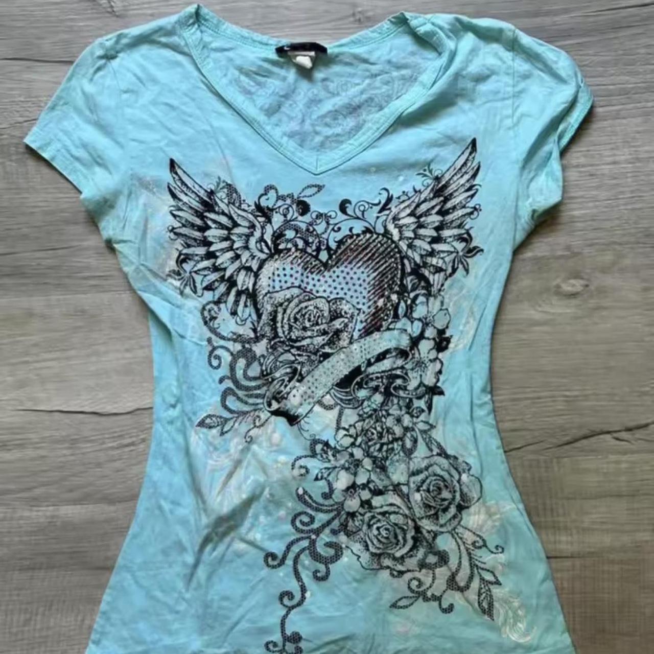 Blue heart angel wing graphic tee #grunge #angel... | Depop