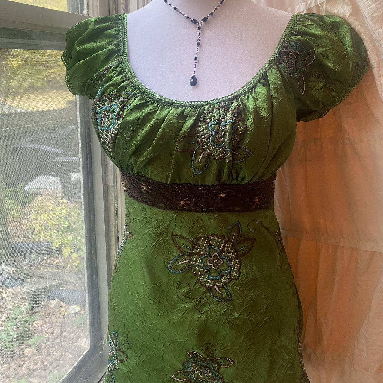 Green fairycore top with brown detailing, with tie... - Depop