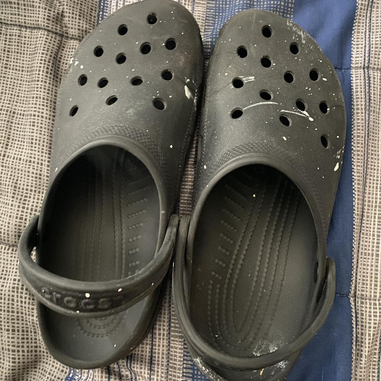 worn out black crocs cool paint marks on them ig no... - Depop