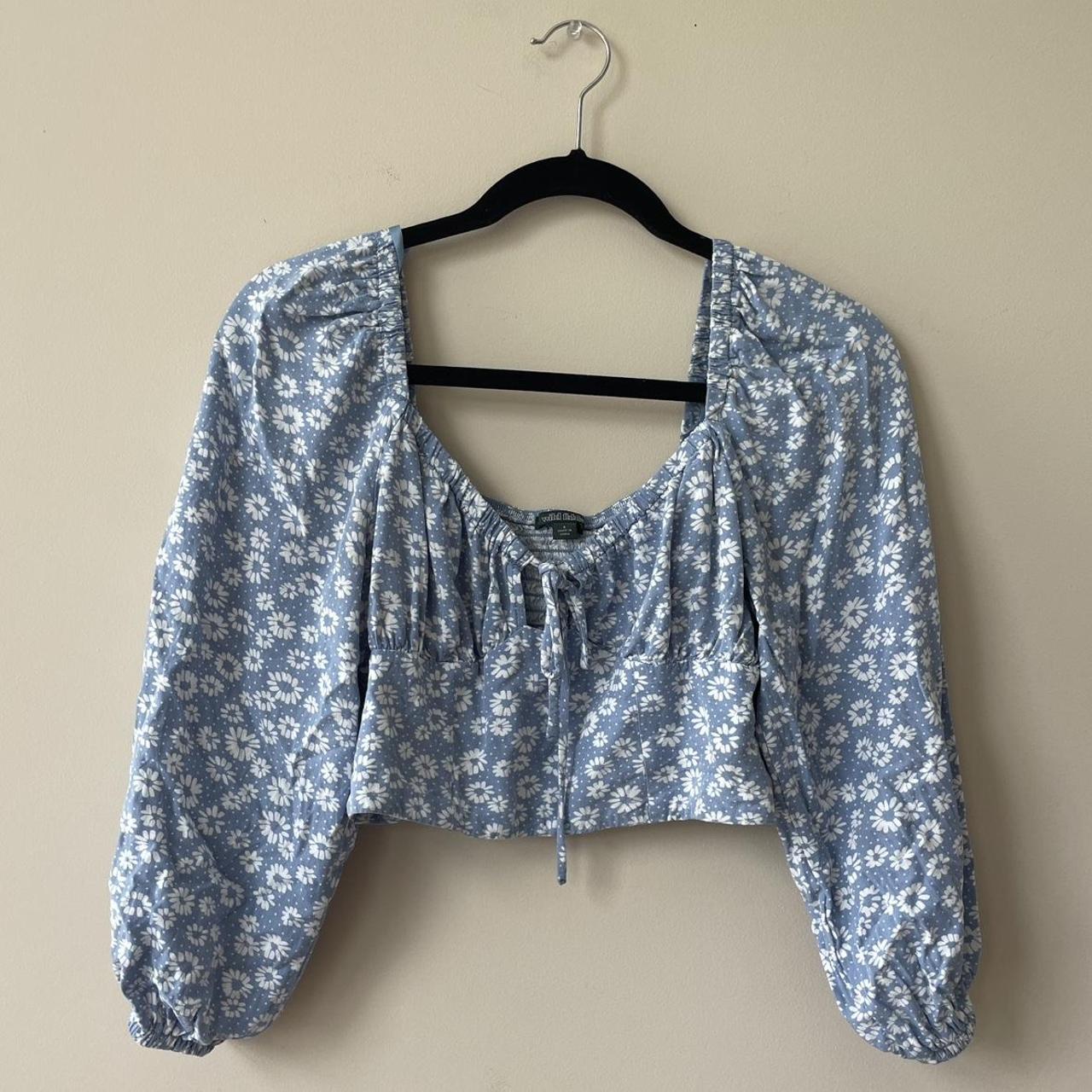Light Blue Long Sleeve Floral Crop Top - Depop