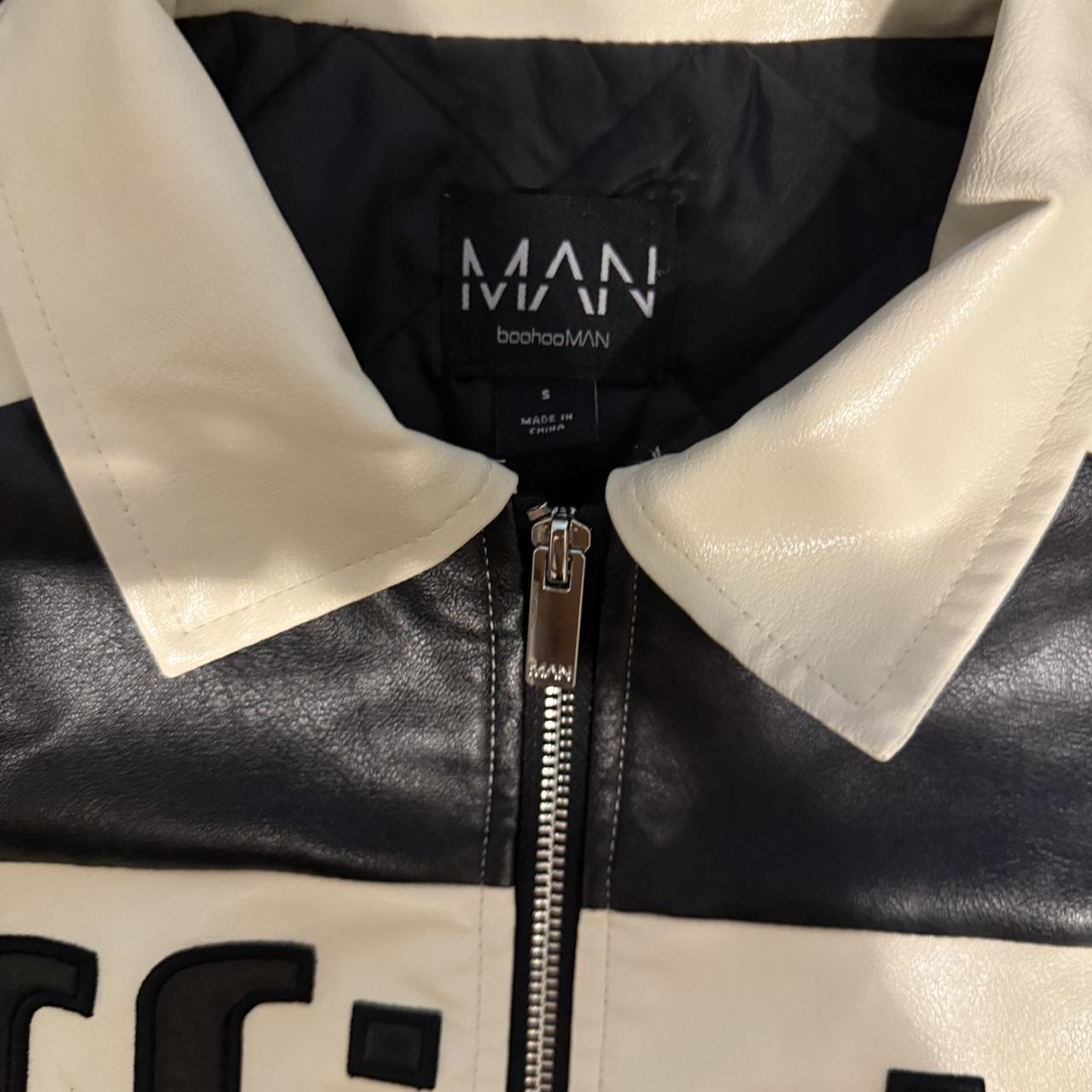 Black and white leather racing bomber jacket... | Depop