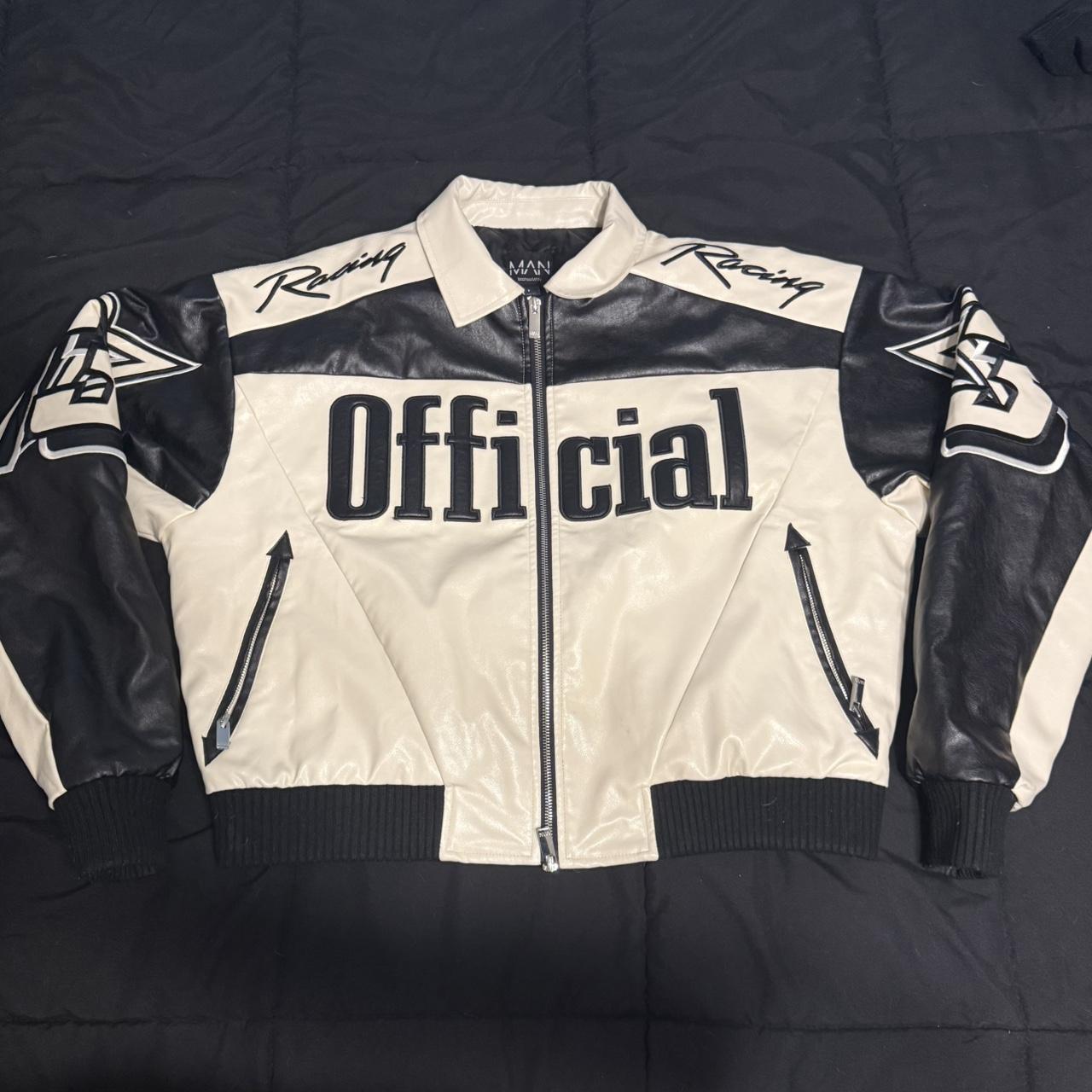 Black and white leather racing bomber jacket... | Depop