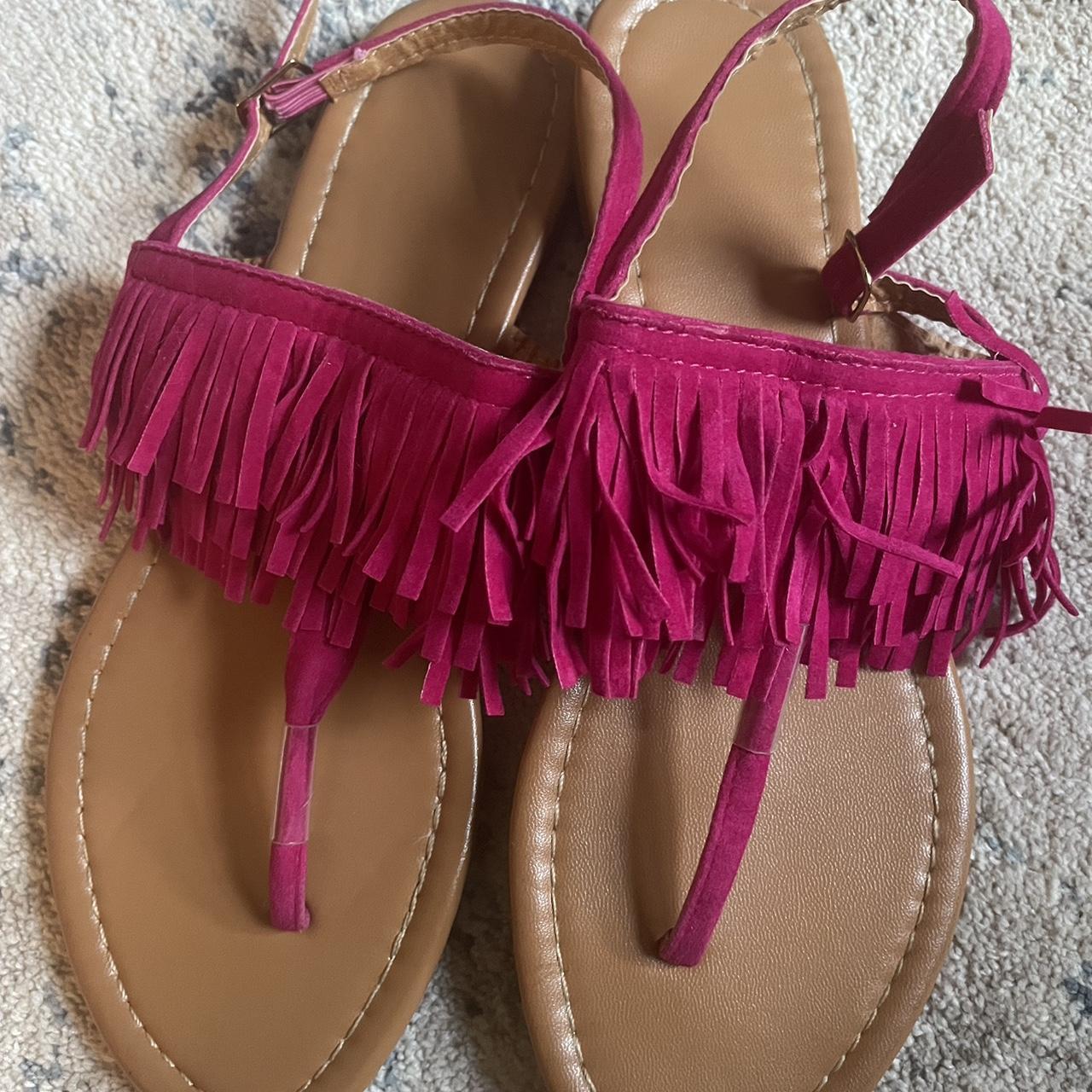pink suede fringe sandals - Depop